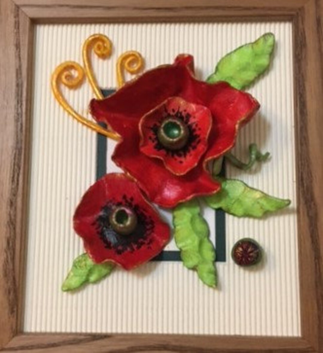 Colorful Hand-Made Clay Poppies on white corrugated background - Framed ...