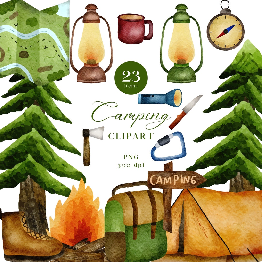 Watercolor Camping Clipart, Tent Clipart, Campfire Clipart, Lantern ...
