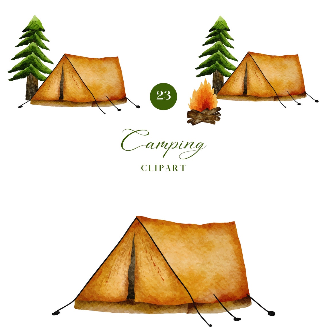 Watercolor Camping Clipart, Tent Clipart, Campfire Clipart, Lantern ...