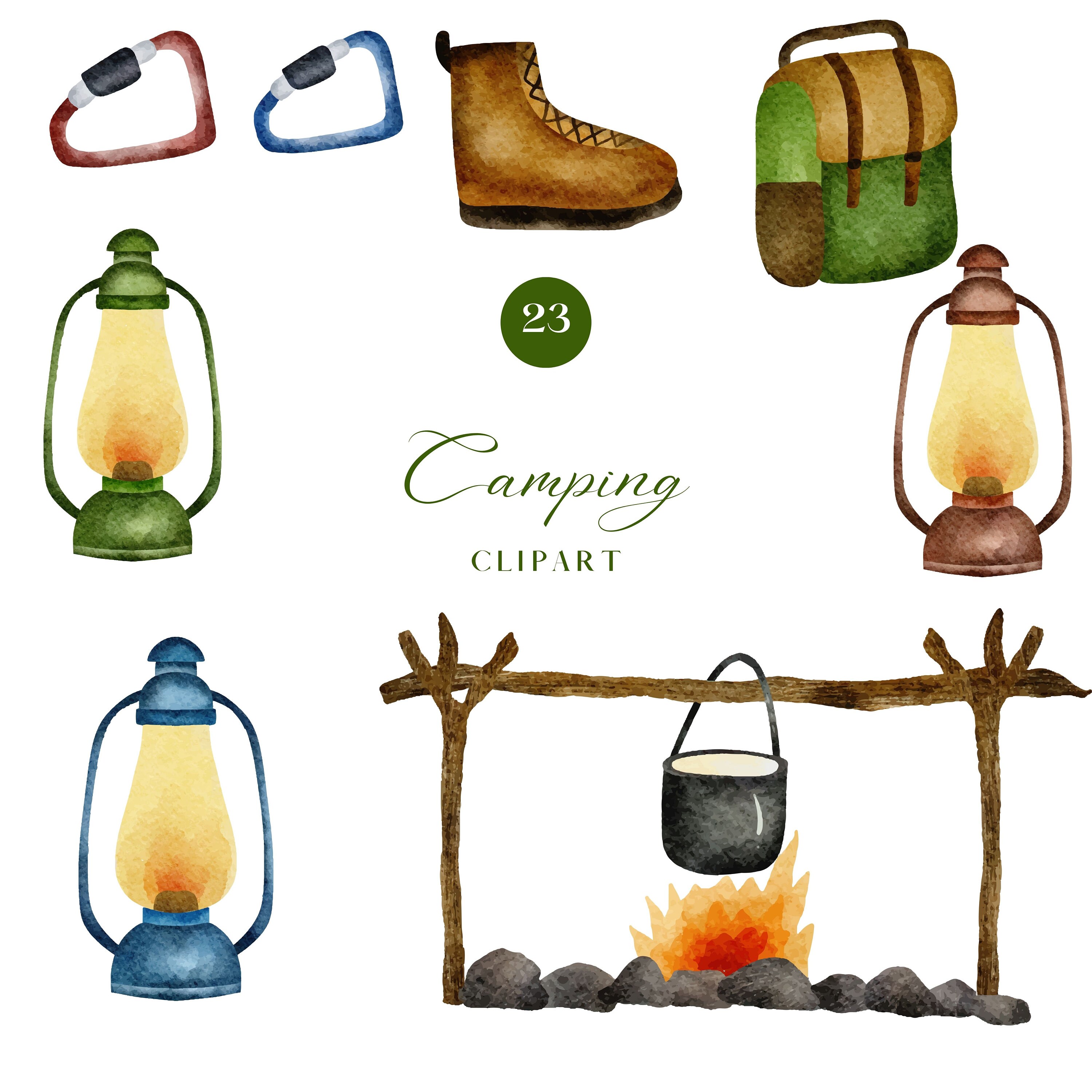 Watercolor Camping Clipart, Tent Clipart, Campfire Clipart, Lantern ...