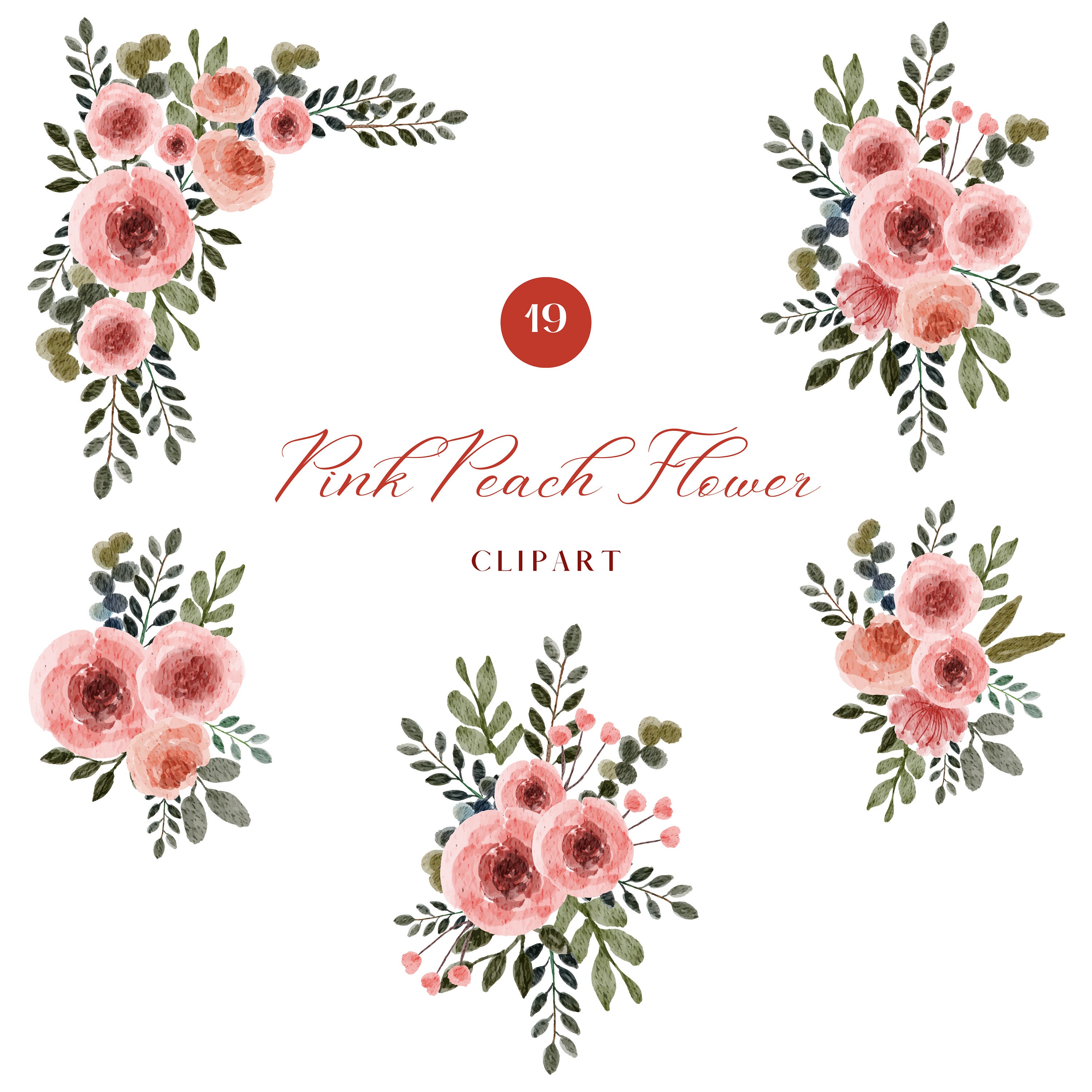 Pink Peach Watercolor Flower Clipart, Flower Clipart, Botanical Clipart ...