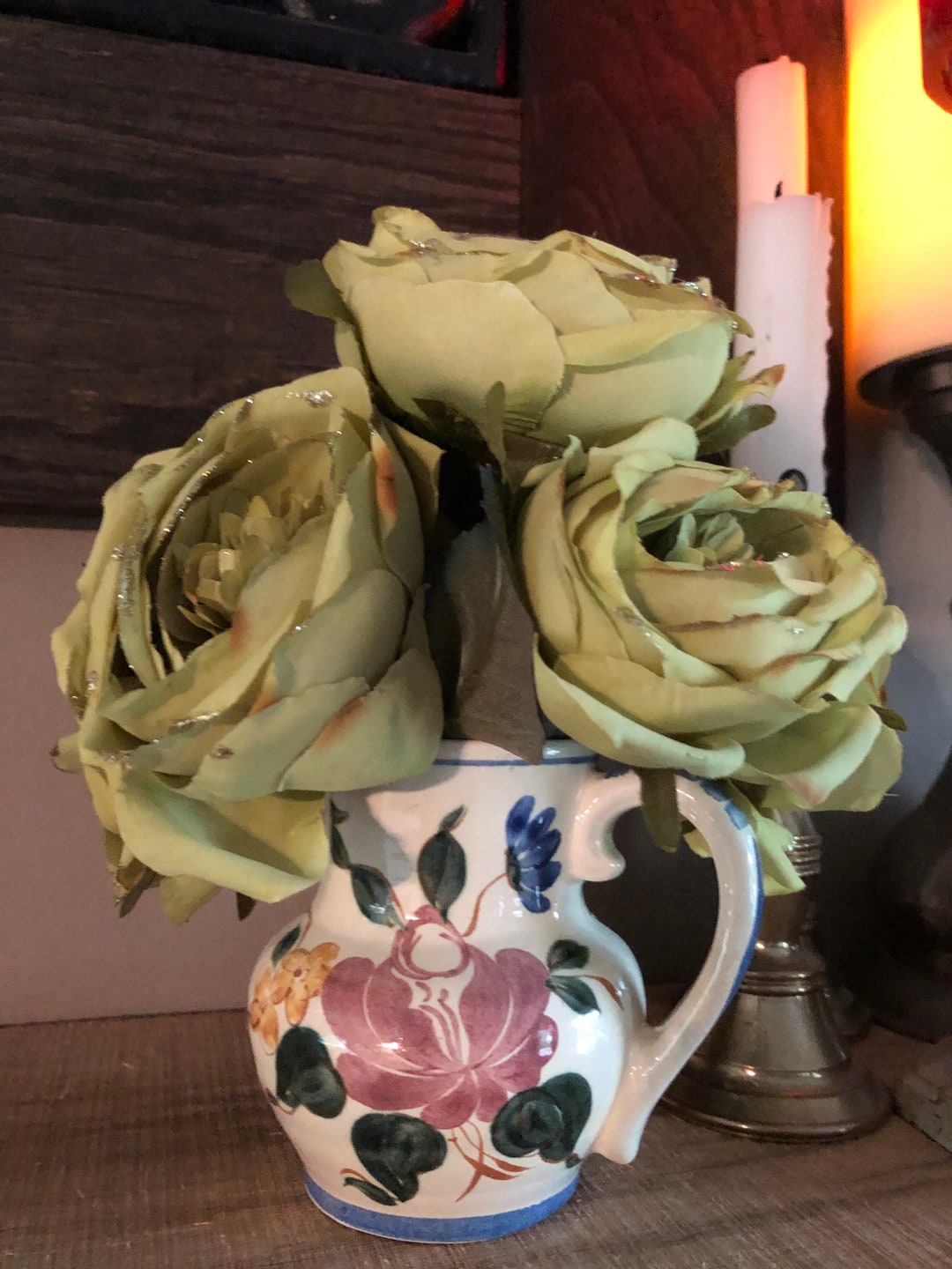 Vintage Floral Pitcher With Silk Roses - Etsy