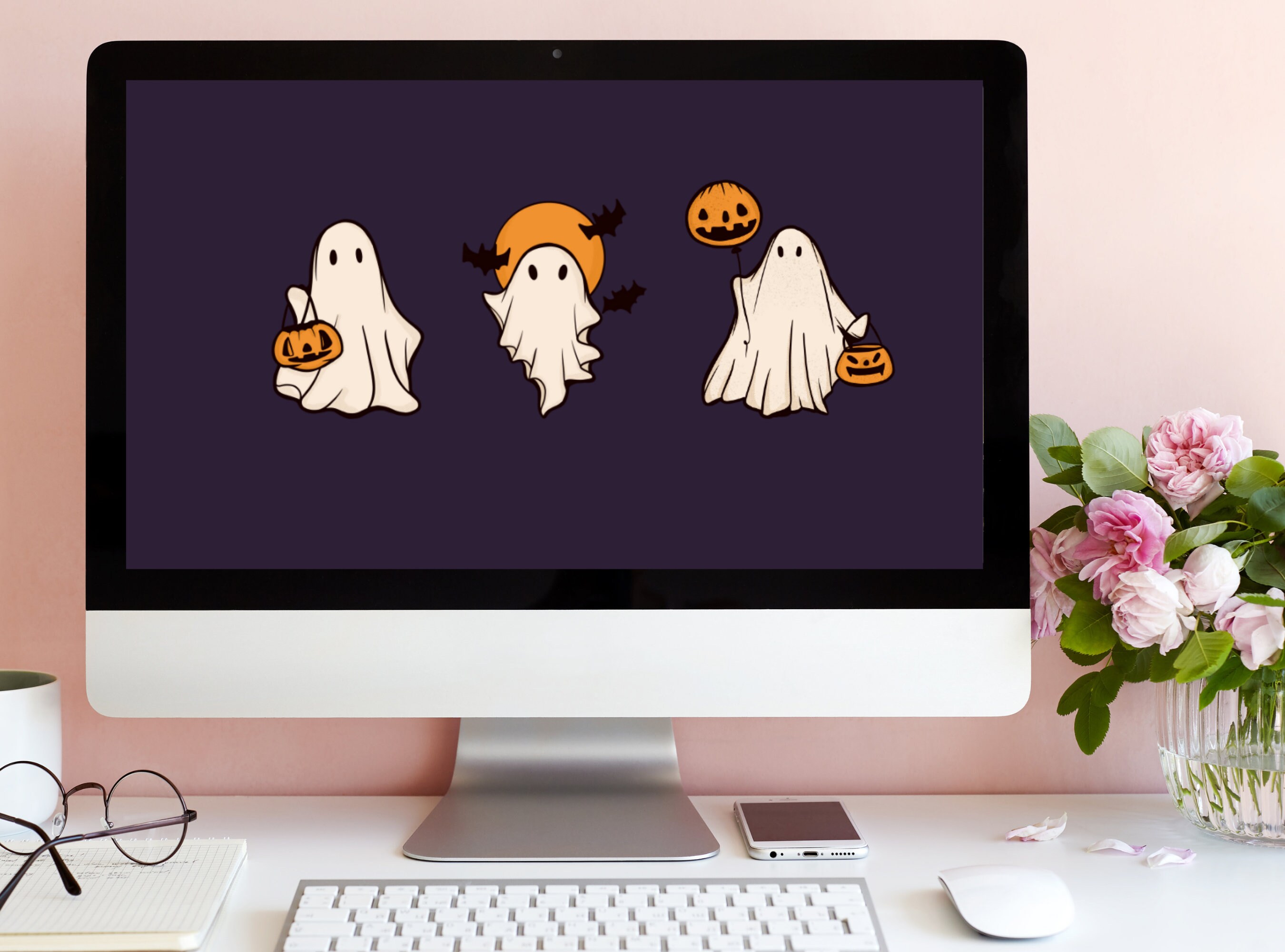 SET OF 8 Cute Ghost Wallpaper | Trick or Treat | Halloween Ghosts ...