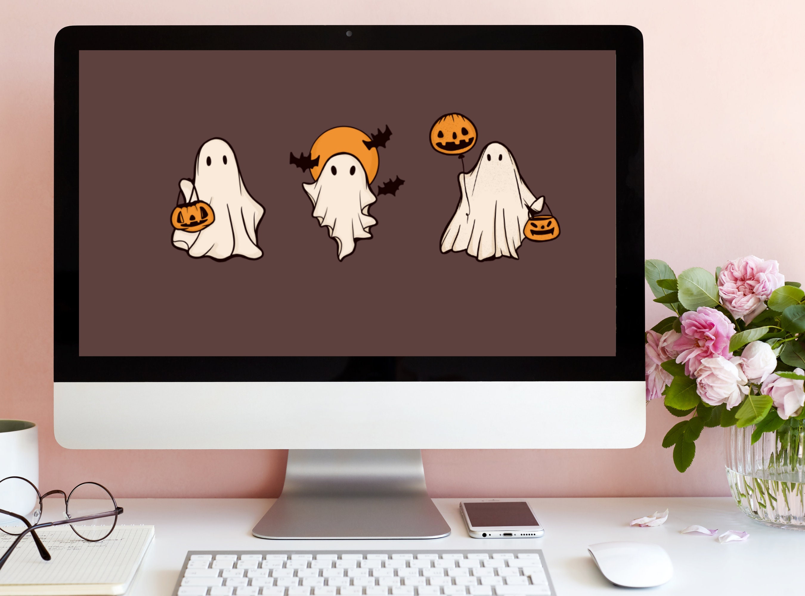 SET OF 8 Cute Ghost Wallpaper | Trick or Treat | Halloween Ghosts ...