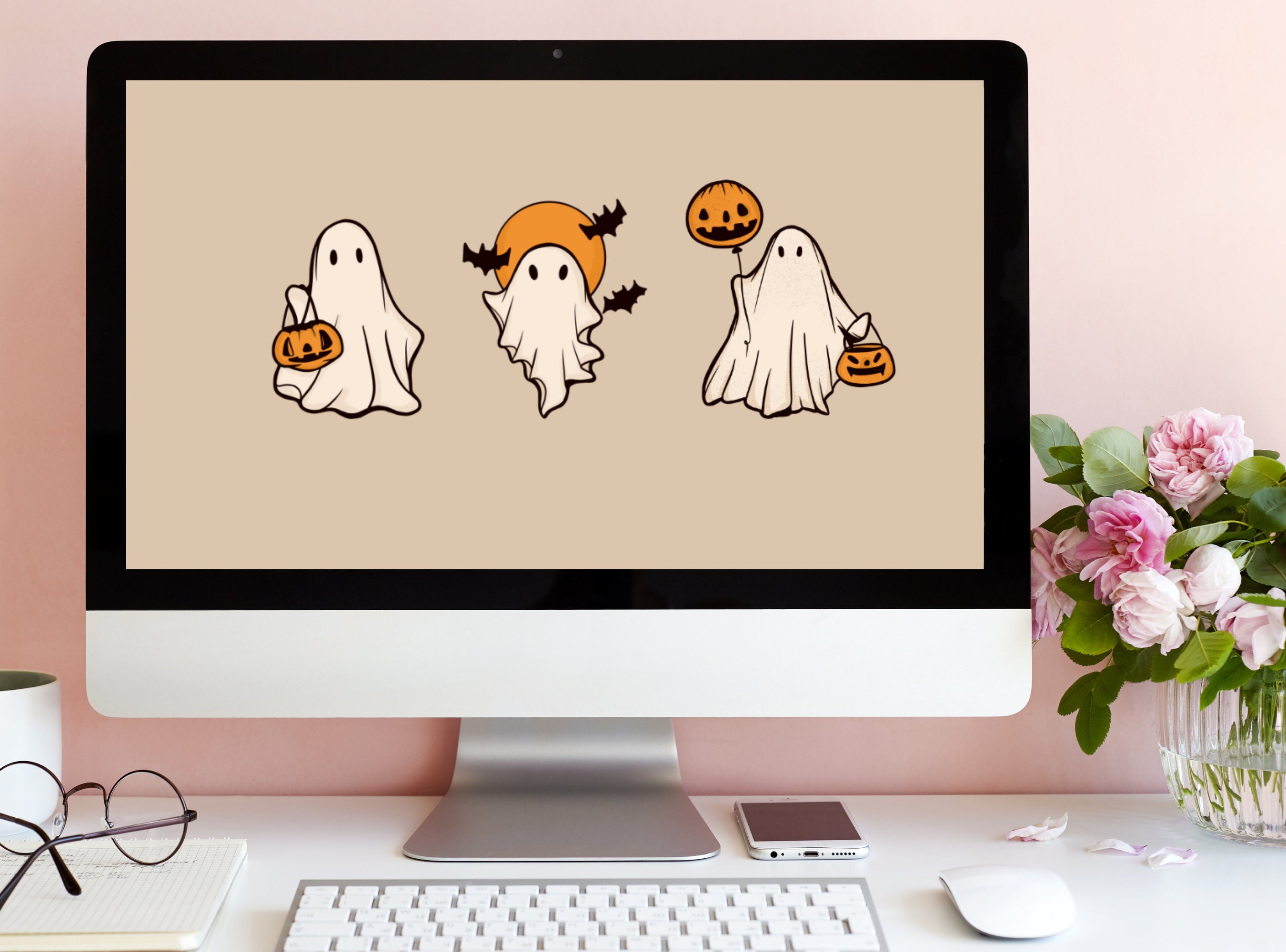 SET OF 8 Cute Ghost Wallpaper | Trick or Treat | Halloween Ghosts ...