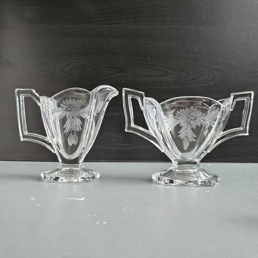 Vintage Floral Art Deco Etched Glass Creamer And Sugar Set Etsy