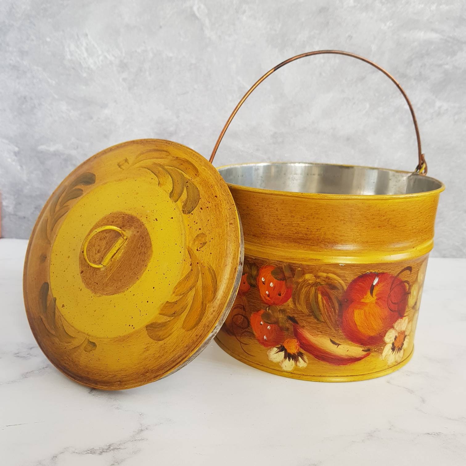 Vintage Hand Painted Metal Bucket With Lid and Handle, Folk Art, Signed ...