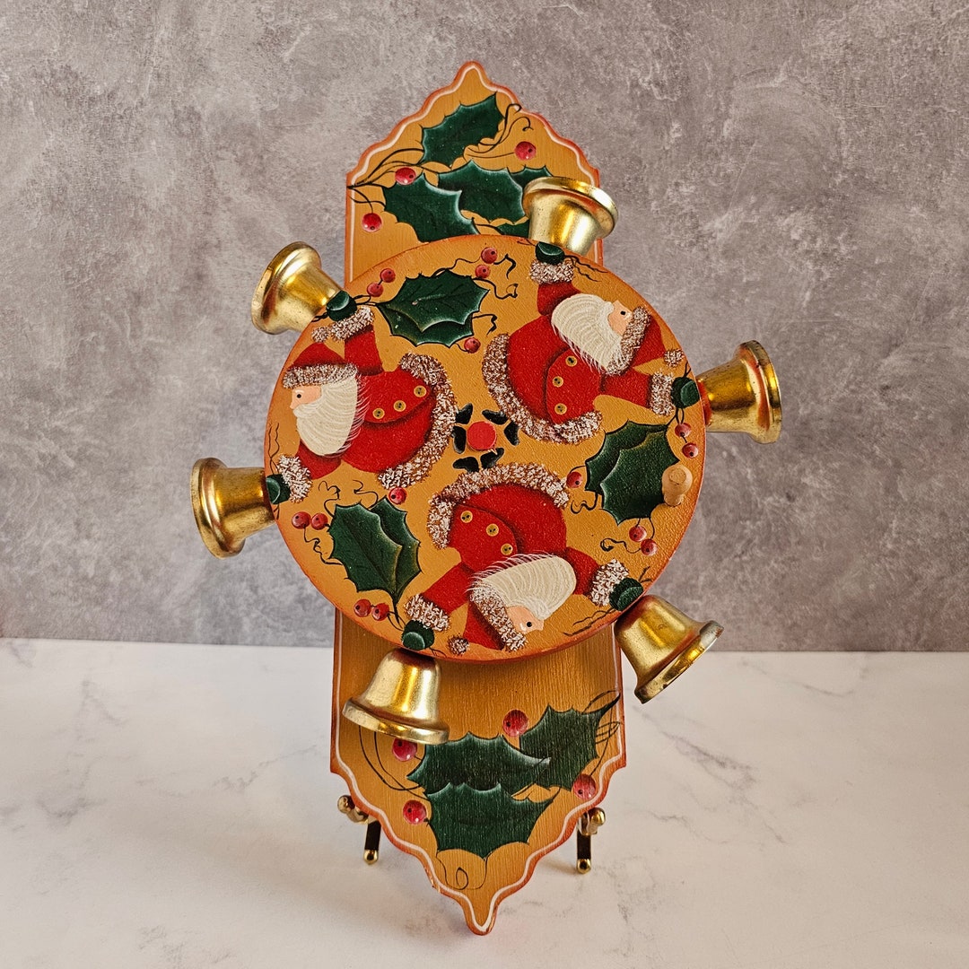 Rare Vintage Christmas Santa Wooden Multiple Bell Wheel Spinning ...