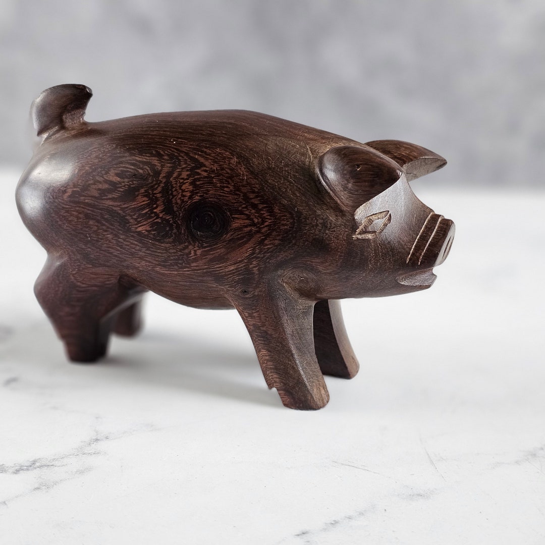 Vintage Carved Wooden Pig Dark Brown Wood, Pig Swine Hog Wood Carving ...