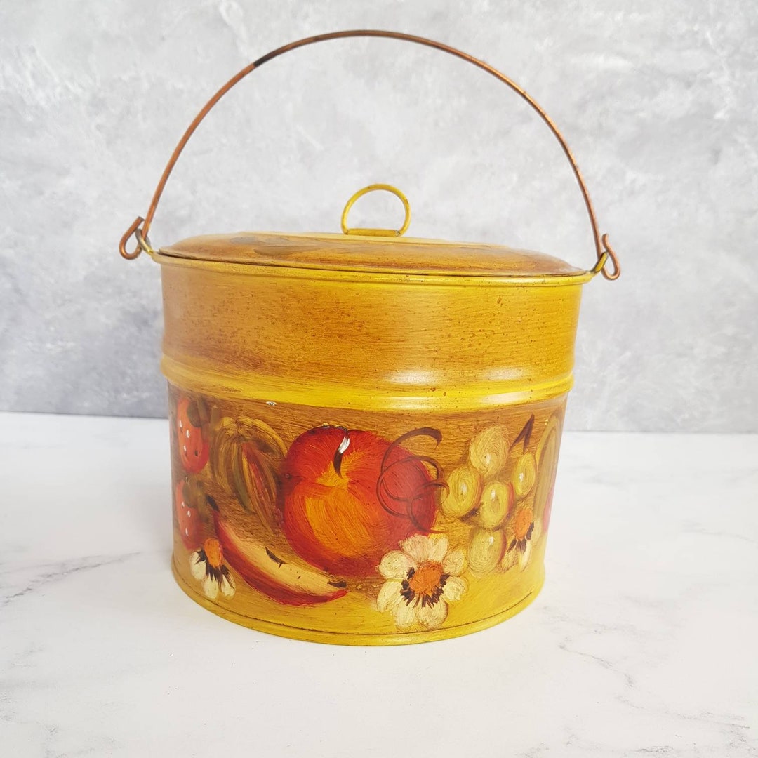 Vintage Hand Painted Metal Bucket With Lid and Handle, Folk Art, Signed ...