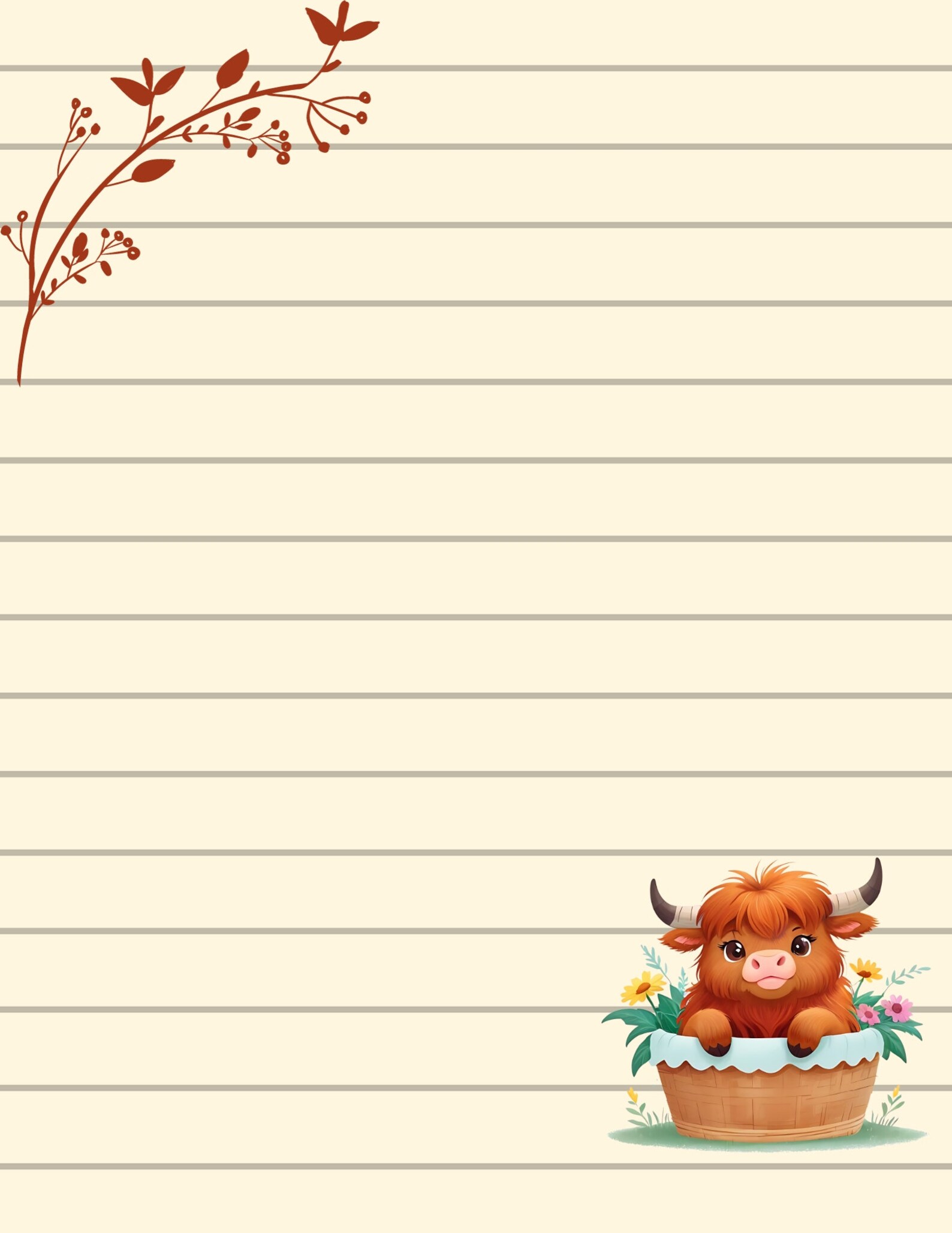 Baby Highland Cow in A Basket Stationery Highland Cow Writing Paper ...