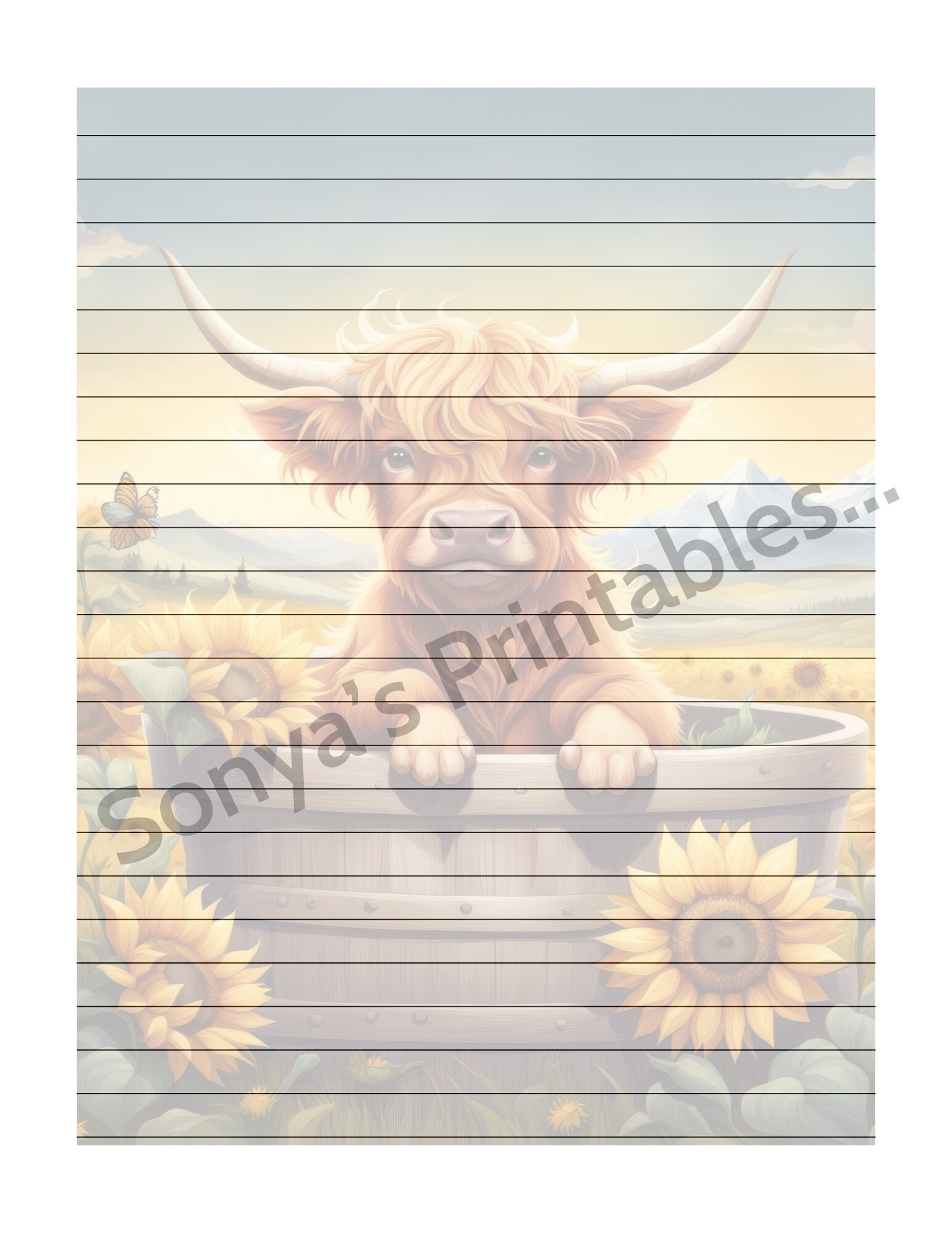 Printable Spring Sunflower Higland Cow Lined Stationery | Spring ...