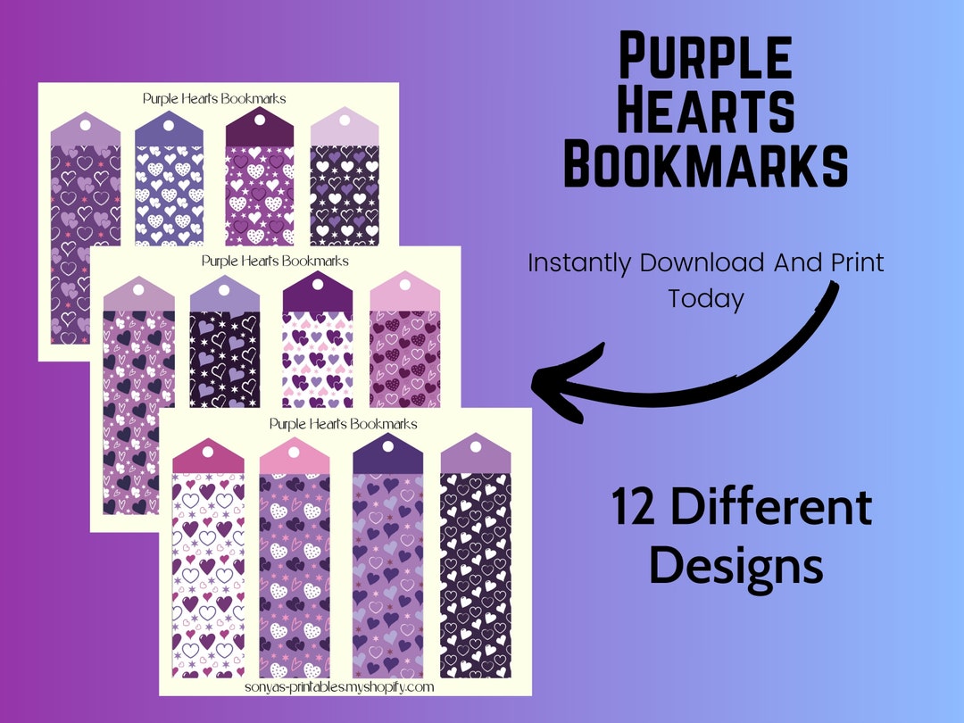 12 Purple Hearts Bookmarks Printable Purple Valentine's Day Bookmarks ...