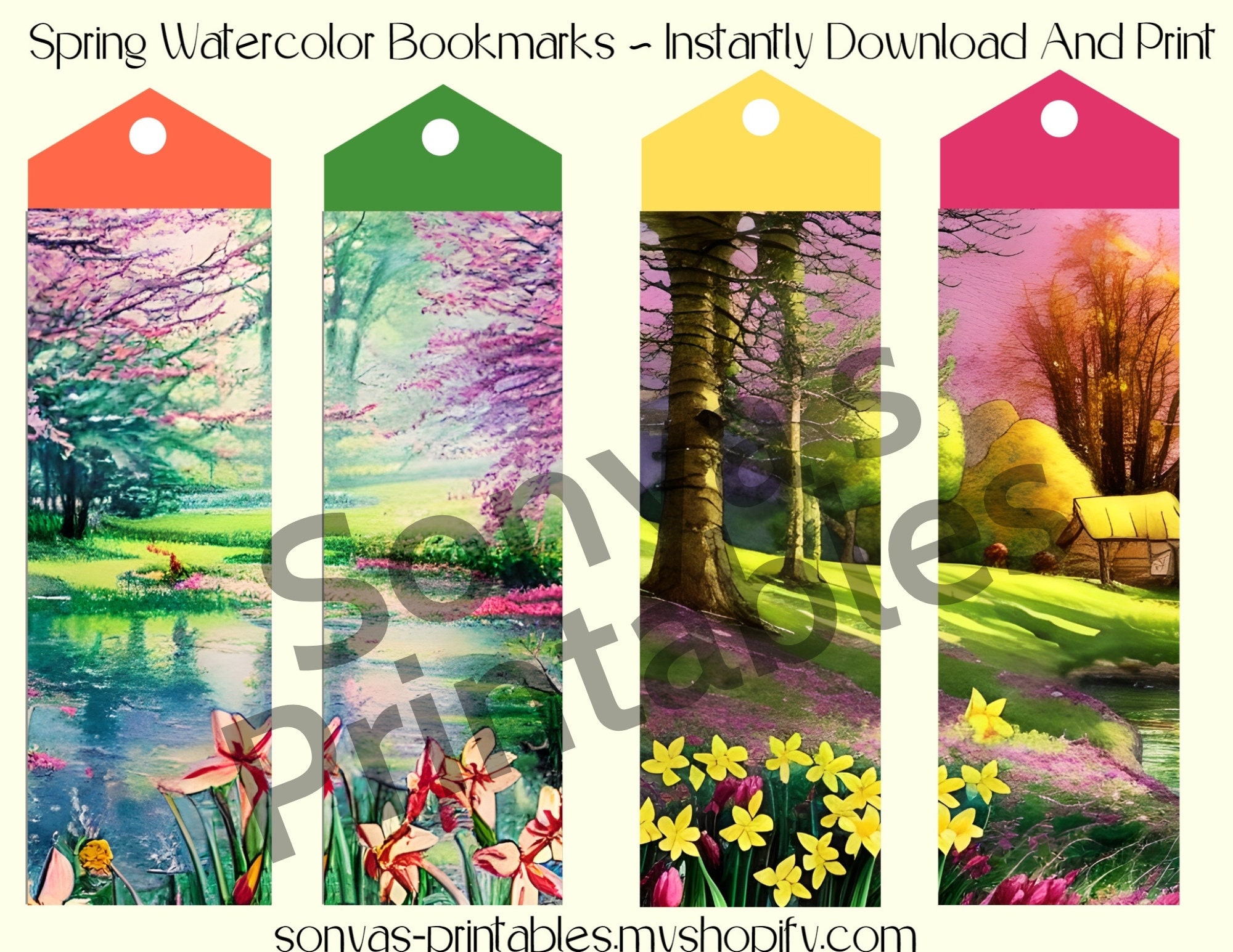 12 Unique Spring Scene Watercolor Bookmarks | Printable Spring ...