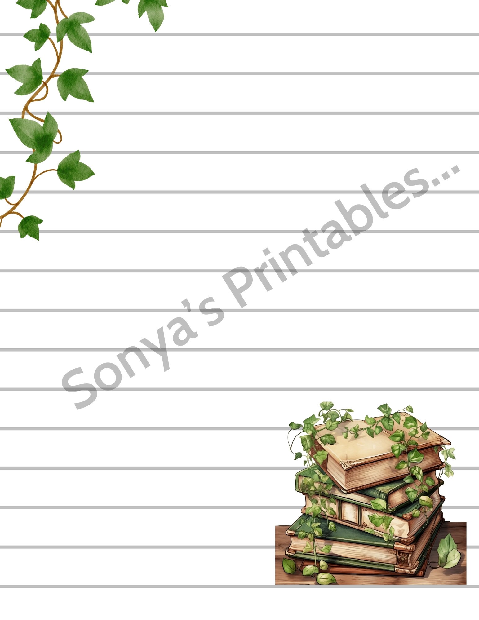 Old Books With Vines Printable Stationery Printable Note Paper Writing ...