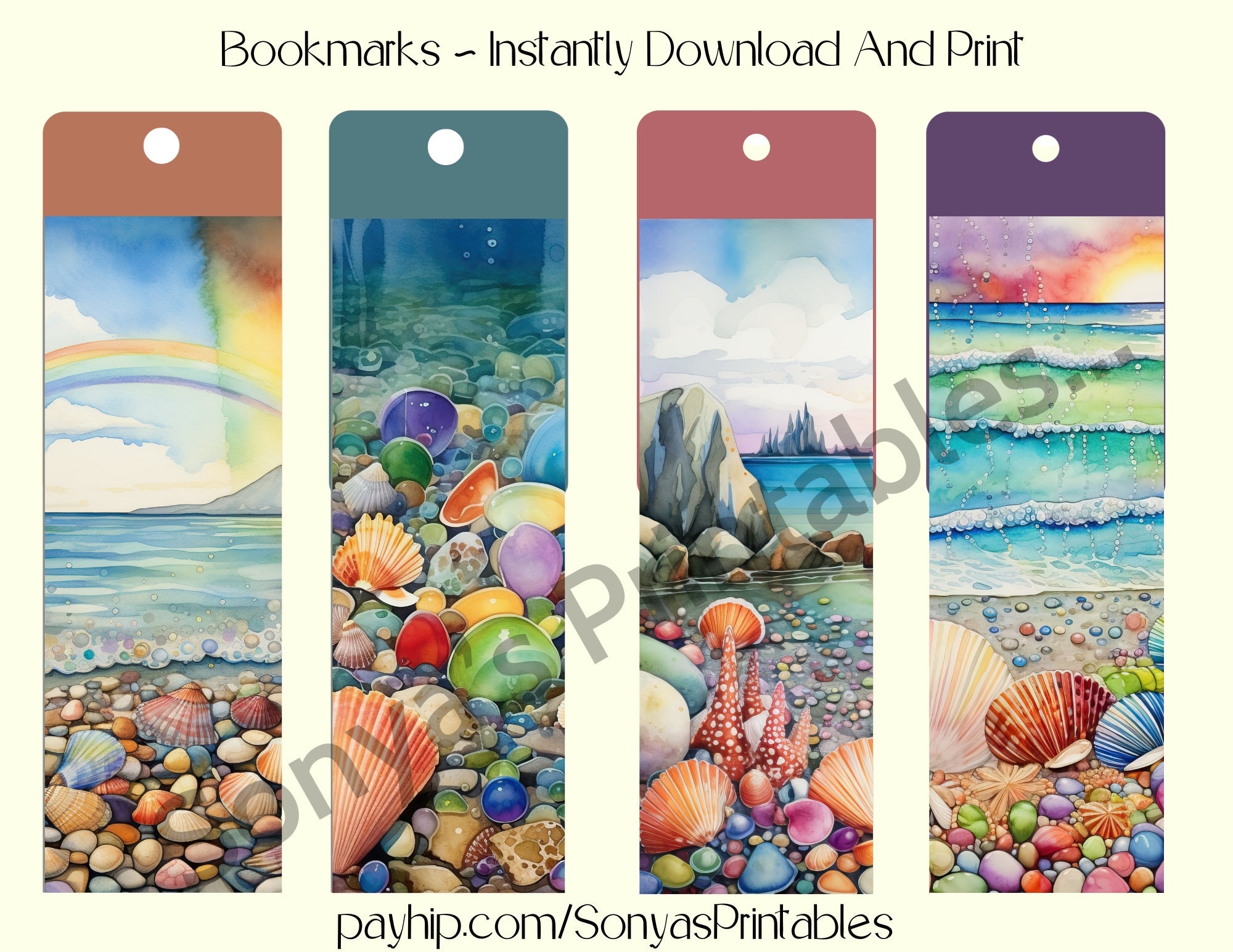 Rainbow Beach Bookmarks | Printable Rainbow Seashell Bookmarks ...