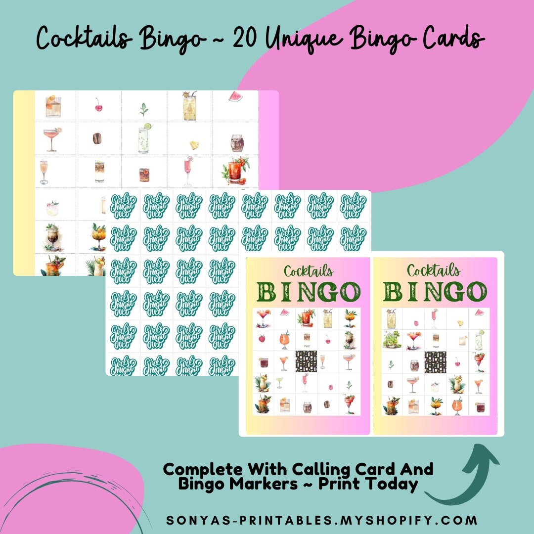 Printable Cocktails Bingo Game | Girls Night Out Cocktails Bingo Game ...