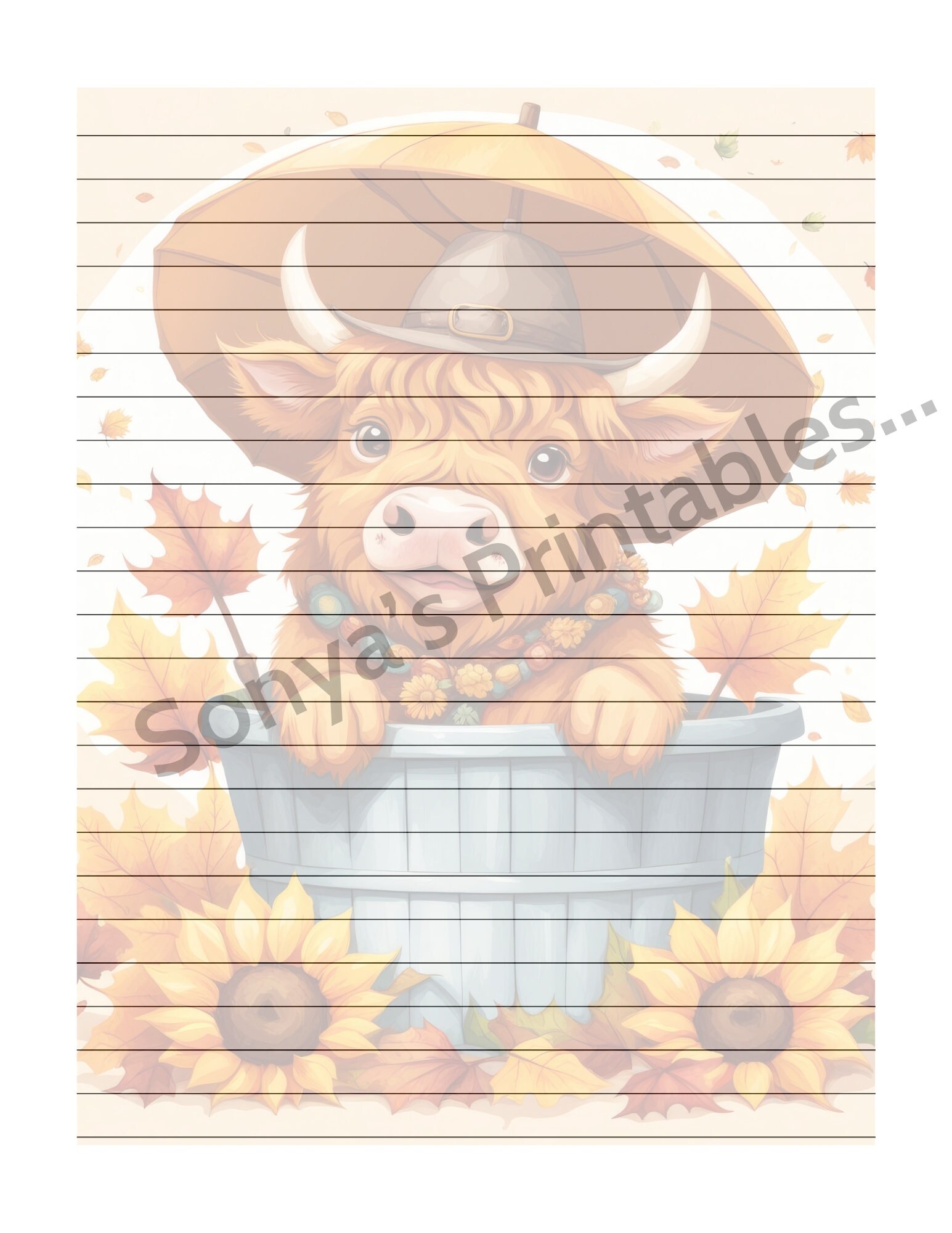 Printable Spring Sunflower Higland Cow Lined Stationery | Spring ...
