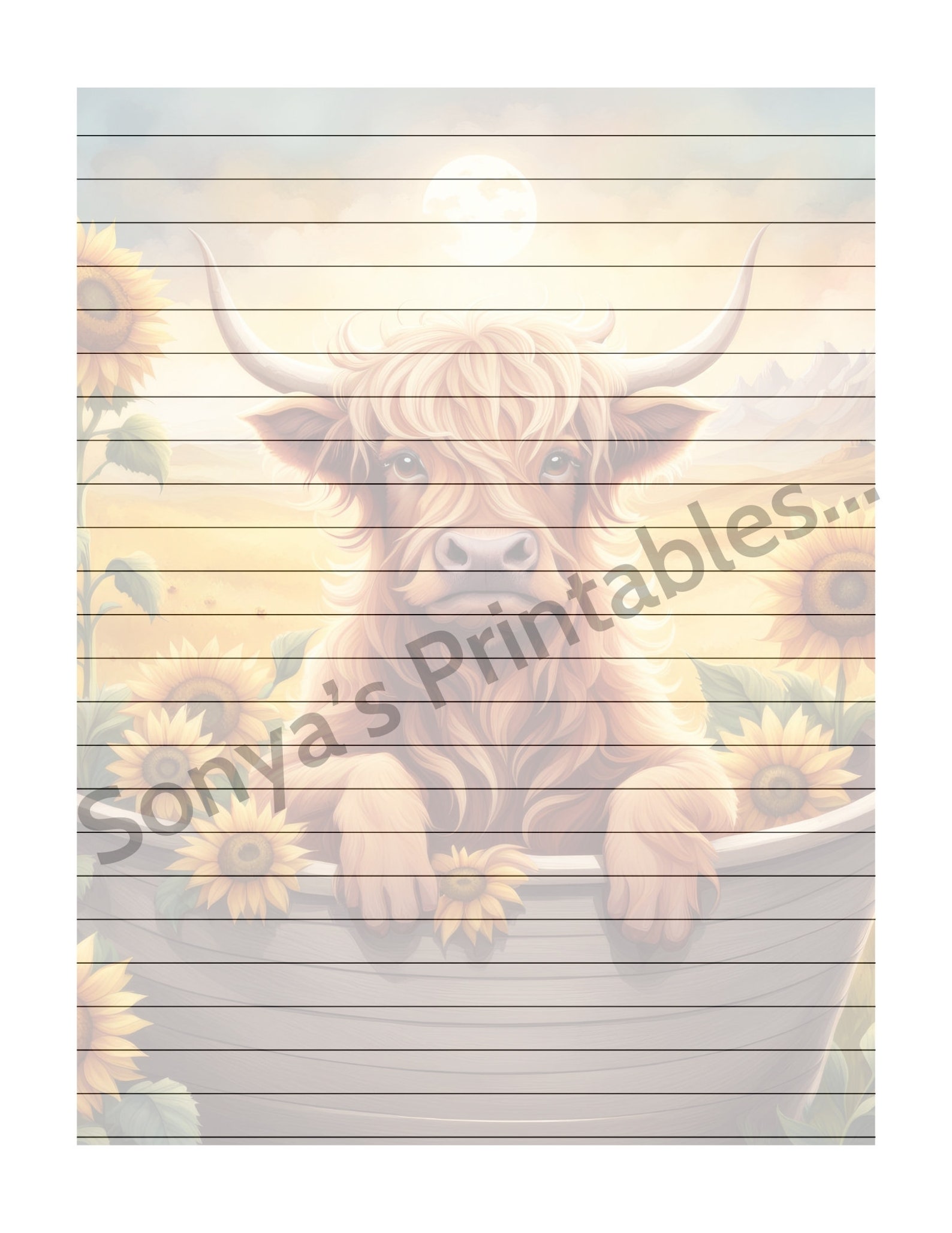 Printable Spring Sunflower Higland Cow Lined Stationery | Spring ...