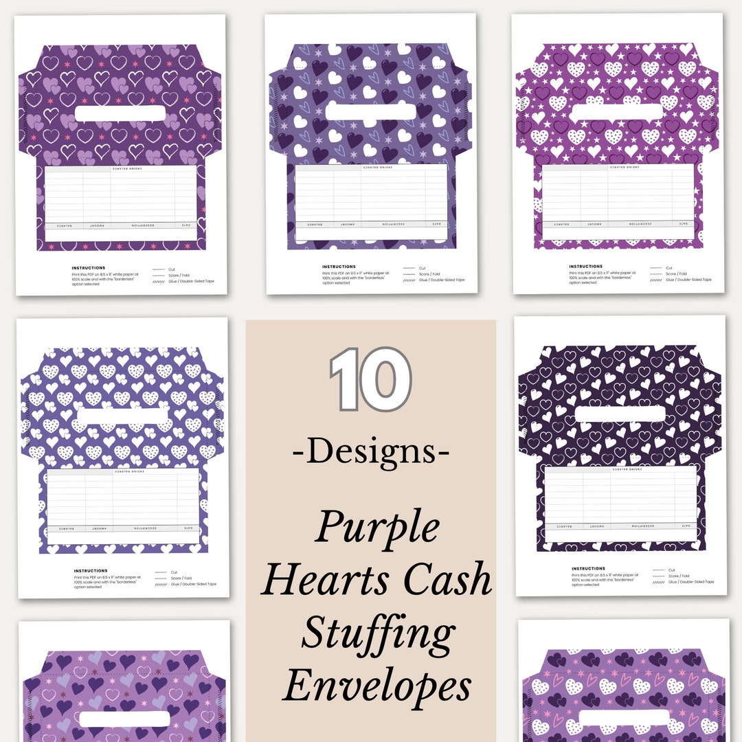 10 Purple Heart Cash Envelopes With Budget Tracker Printable Purple ...
