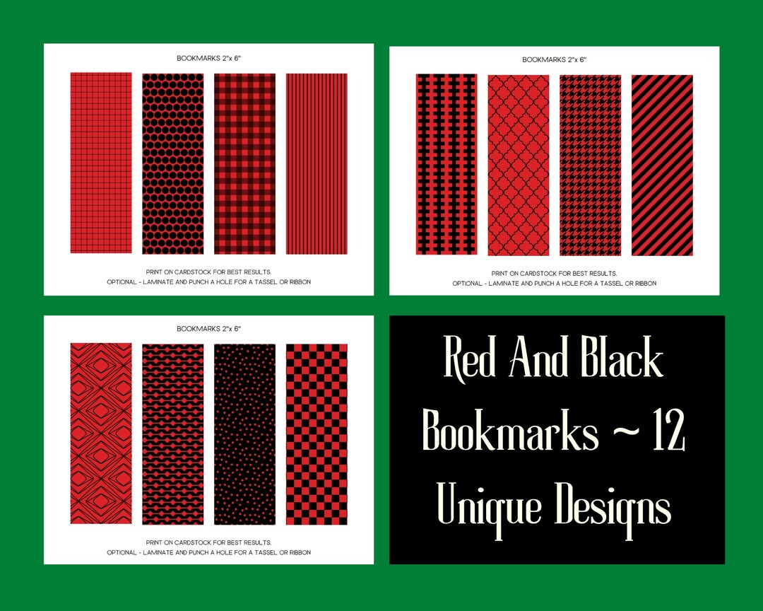 12 Red and Black Bookmarks | Printable Black and Red Bookmarks | Red ...