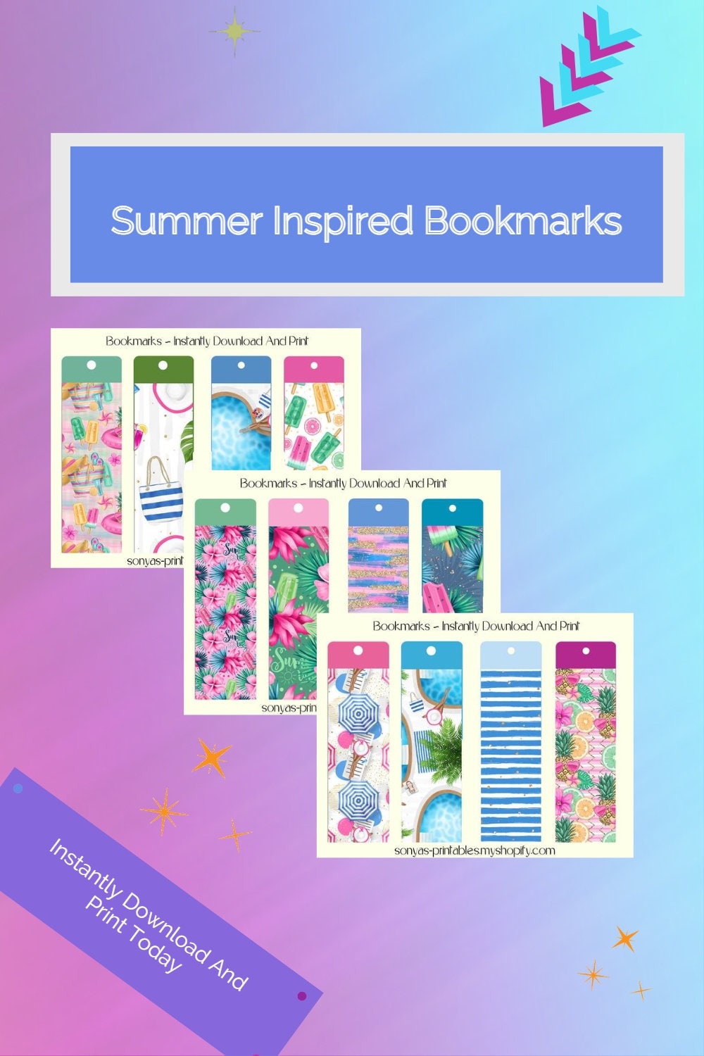 12 Summer Inspired Bookmarks Printable Summery Bookmarks Colorful ...