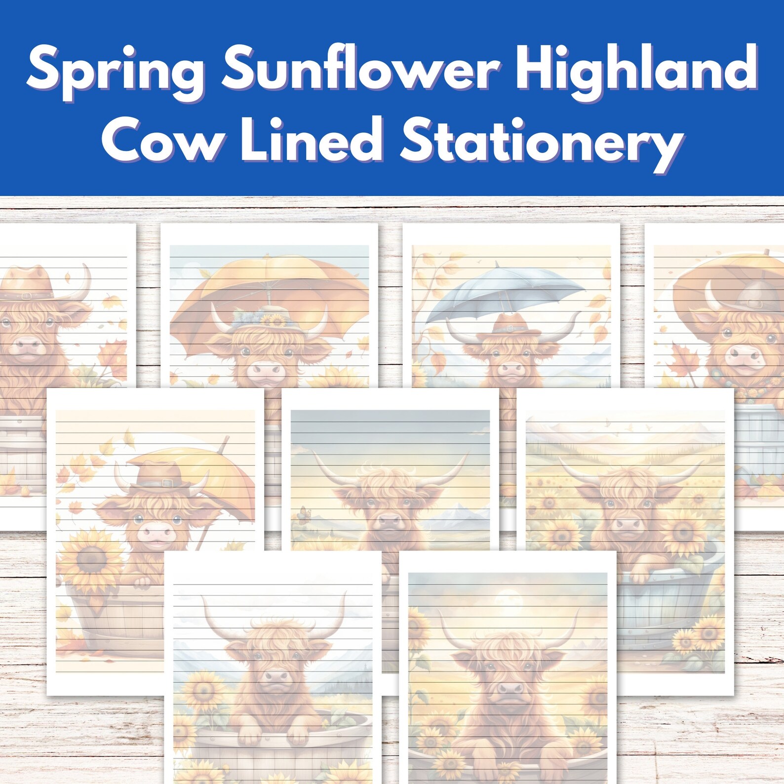 Printable Spring Sunflower Higland Cow Lined Stationery | Spring ...