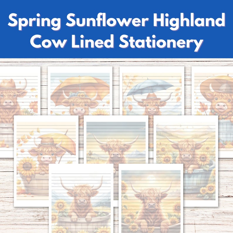 Printable Spring Sunflower Higland Cow Lined Stationery | Spring ...