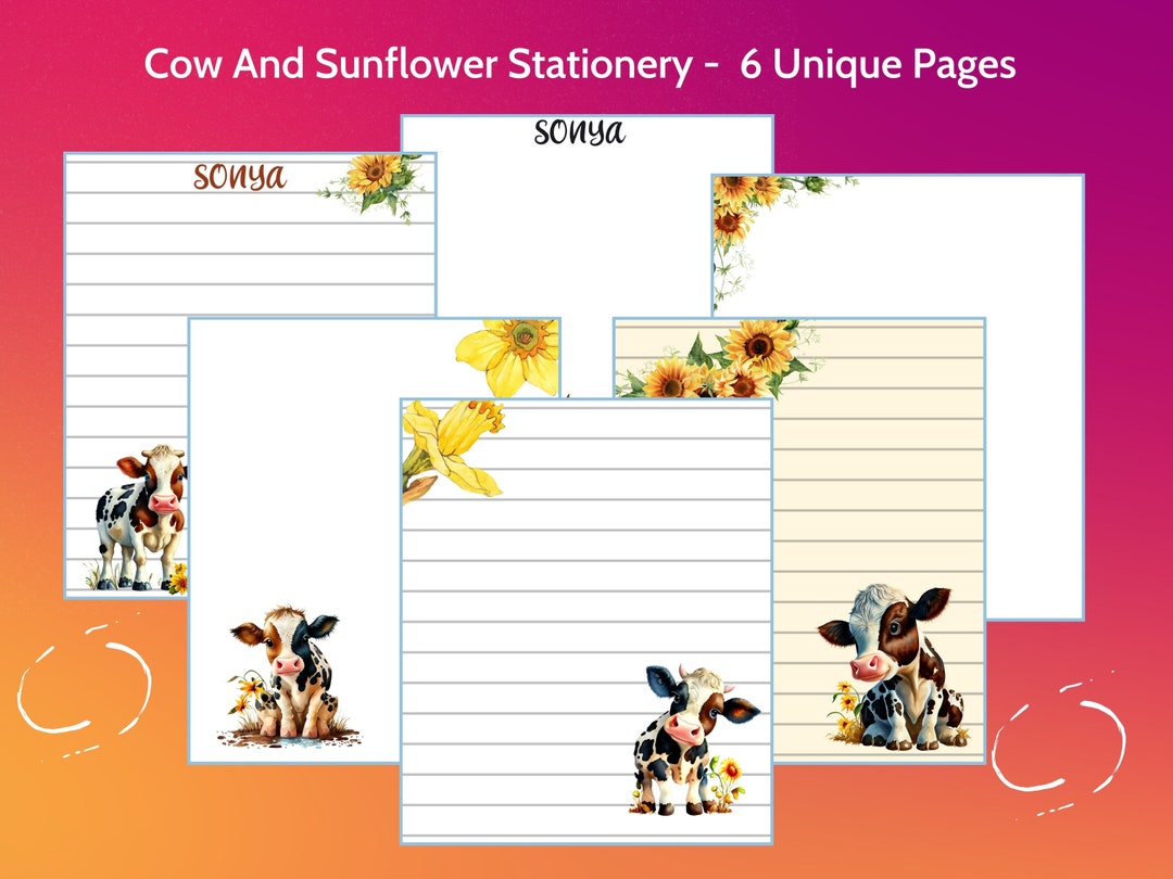 Personalized Cow and Sunflower Printable Stationery | Cow and Sunflower ...