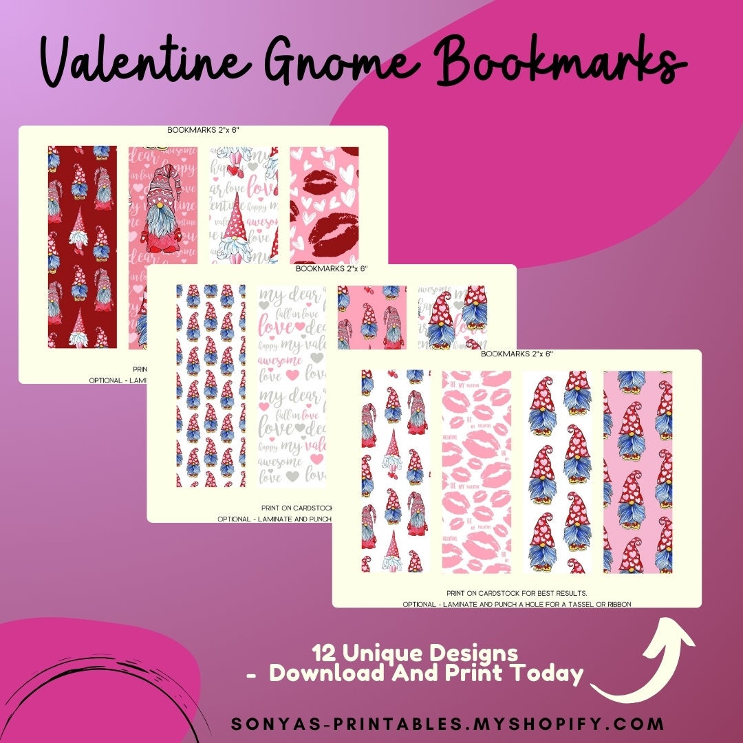 12 Valentine Gnome Bookmarks Printable Valentine Gnome Bookmark Set ...