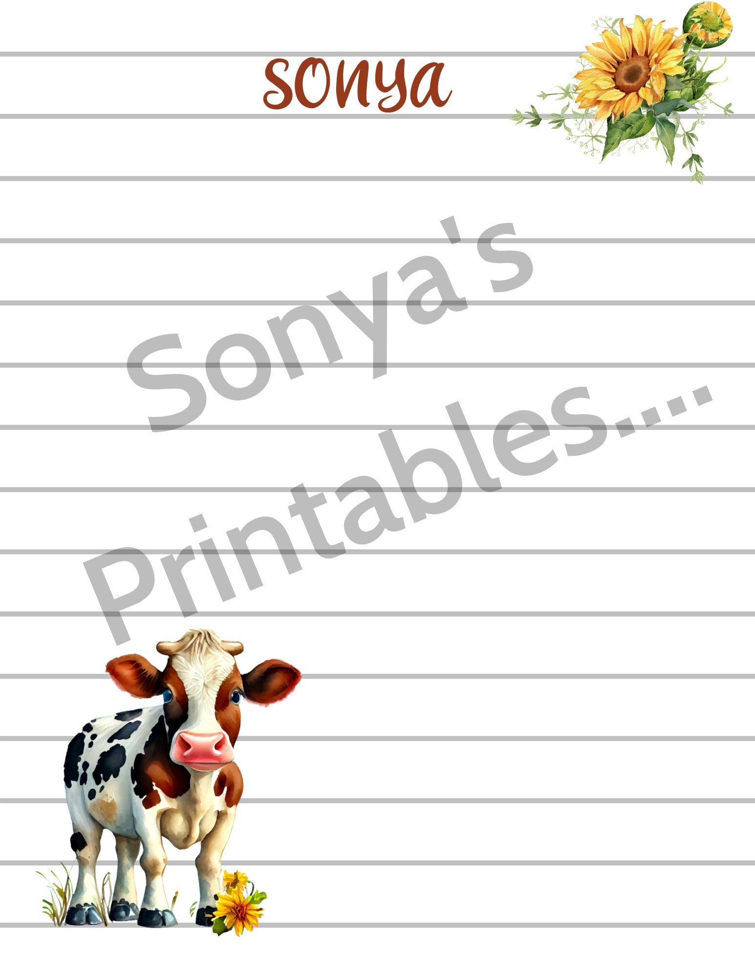 Personalized Cow and Sunflower Printable Stationery Cow and Sunflower ...