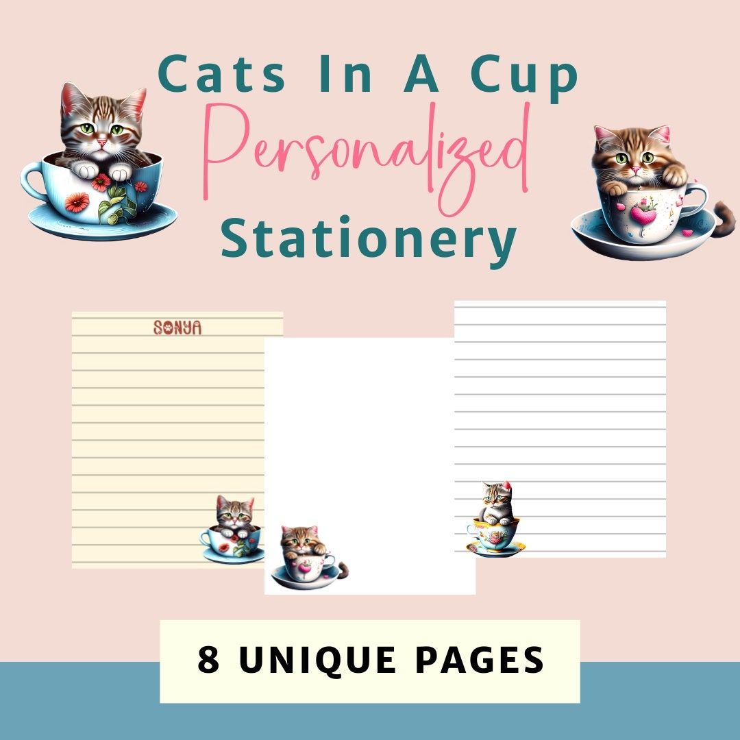 Personalized Cats in A Cup Stationery | Printable Cat Writing Paper ...