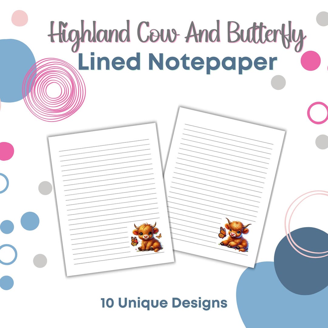 Highland Cow and Butterfly Lined Stationery | Highland Cow Lined ...