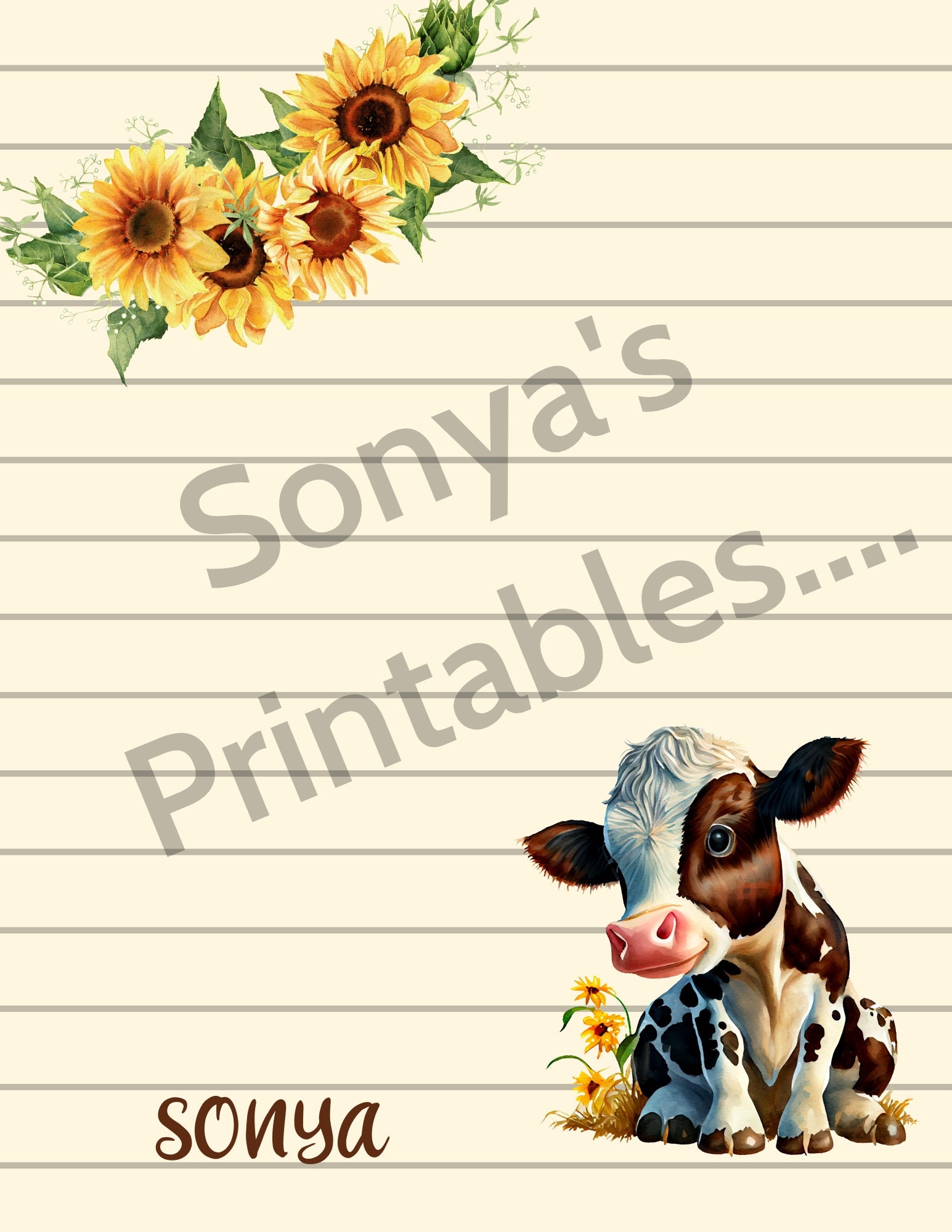 Personalized Cow and Sunflower Printable Stationery Cow and Sunflower ...