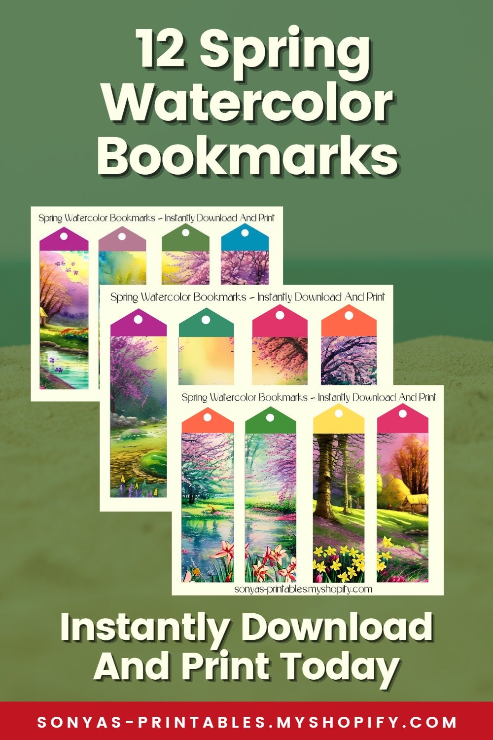 12 Unique Spring Scene Watercolor Bookmarks Printable Spring Watercolor ...