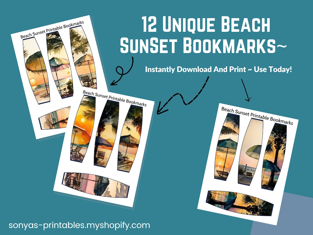 12 Unique Beach Sunset Bookmarks | Printable Beach Bookmarks | Beach ...