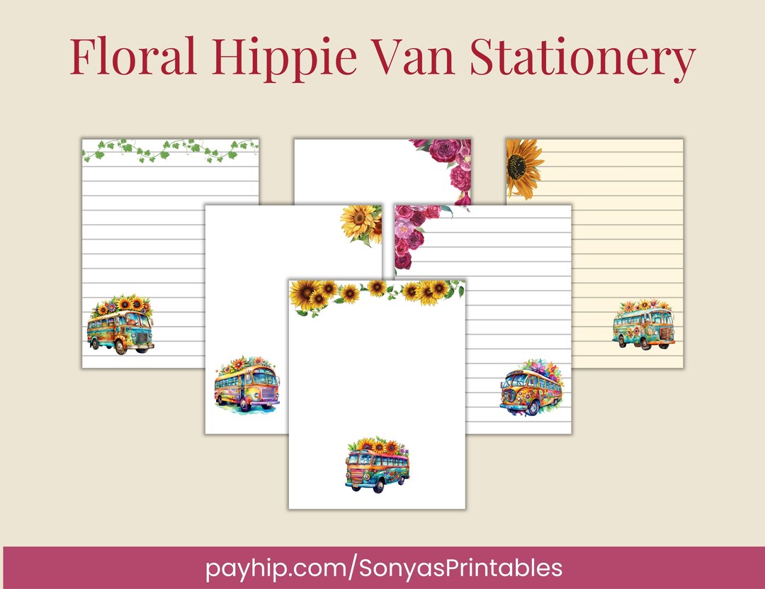 Floral Hippie School Bus Stationery | Printable Retro School Bus ...