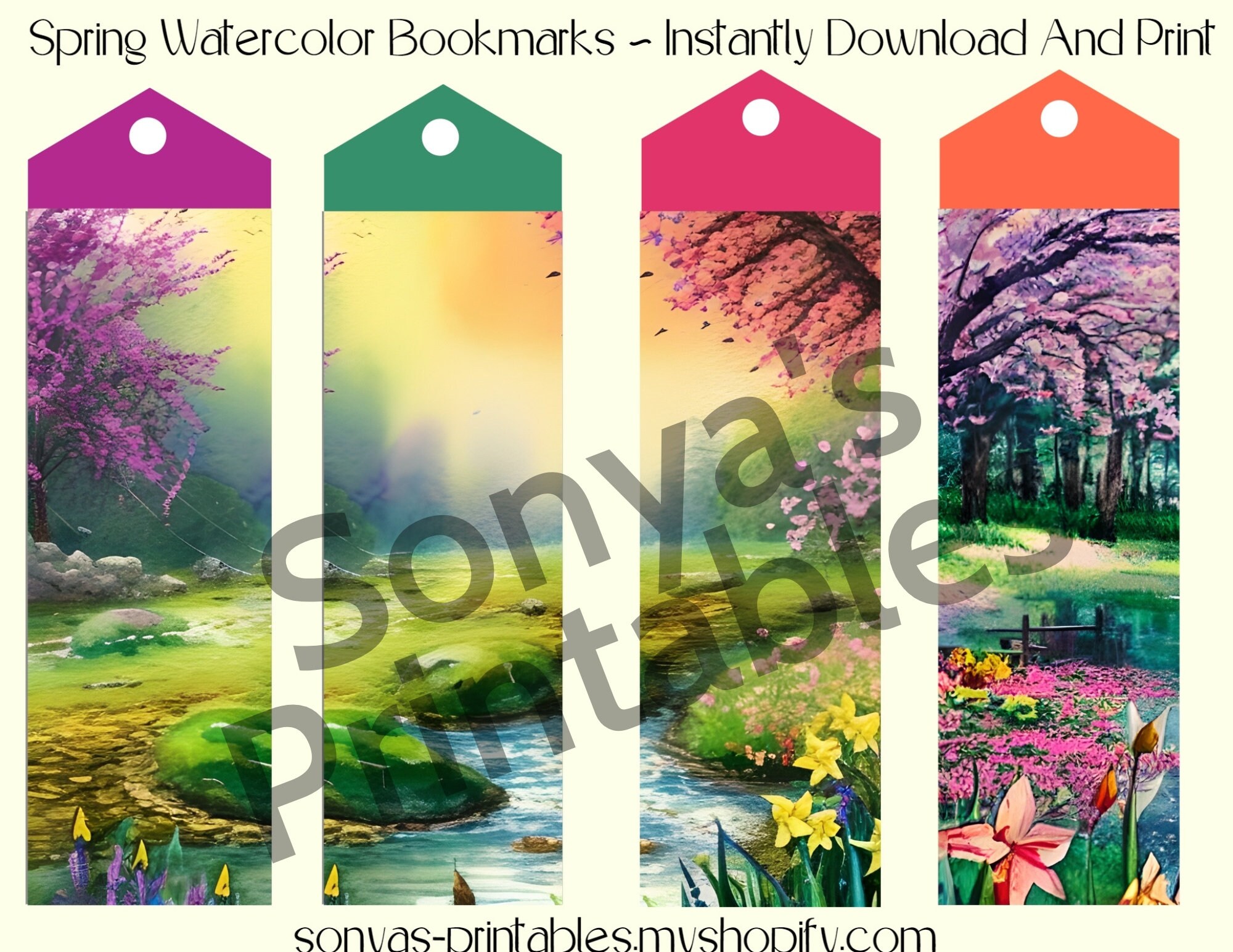 12 Unique Spring Scene Watercolor Bookmarks | Printable Spring ...