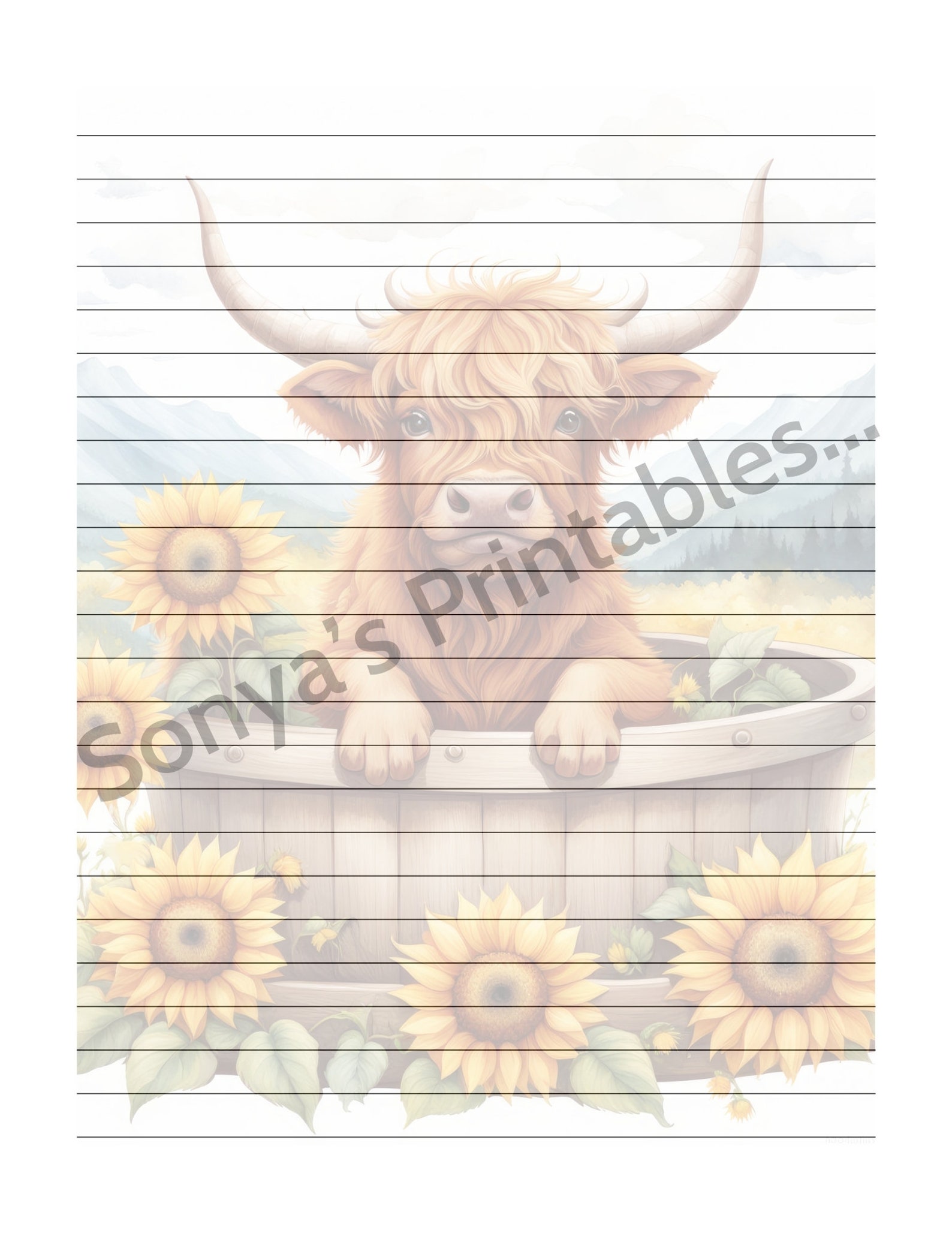 Printable Spring Sunflower Higland Cow Lined Stationery | Spring ...