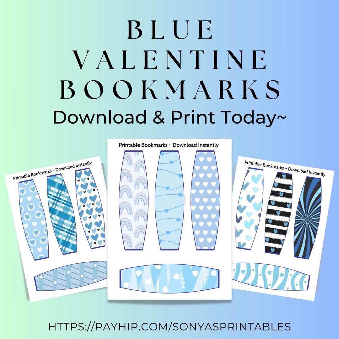 12 Blue Valentine Bookmarks | Printable Heart and Rainbow Bookmarks ...