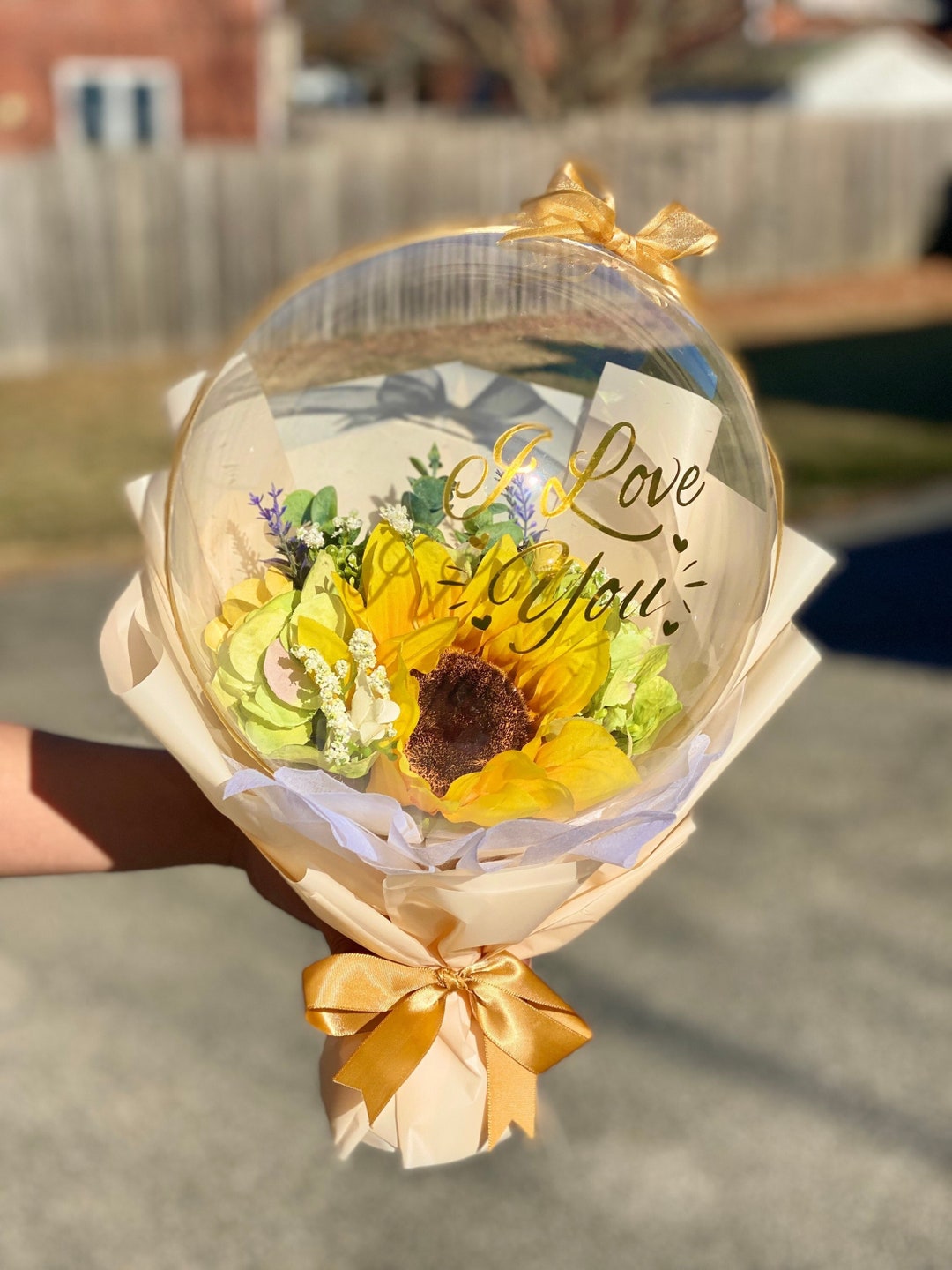 Balloon Flower Bouquet: Silk Sunflowers, Personalized Message & LED ...