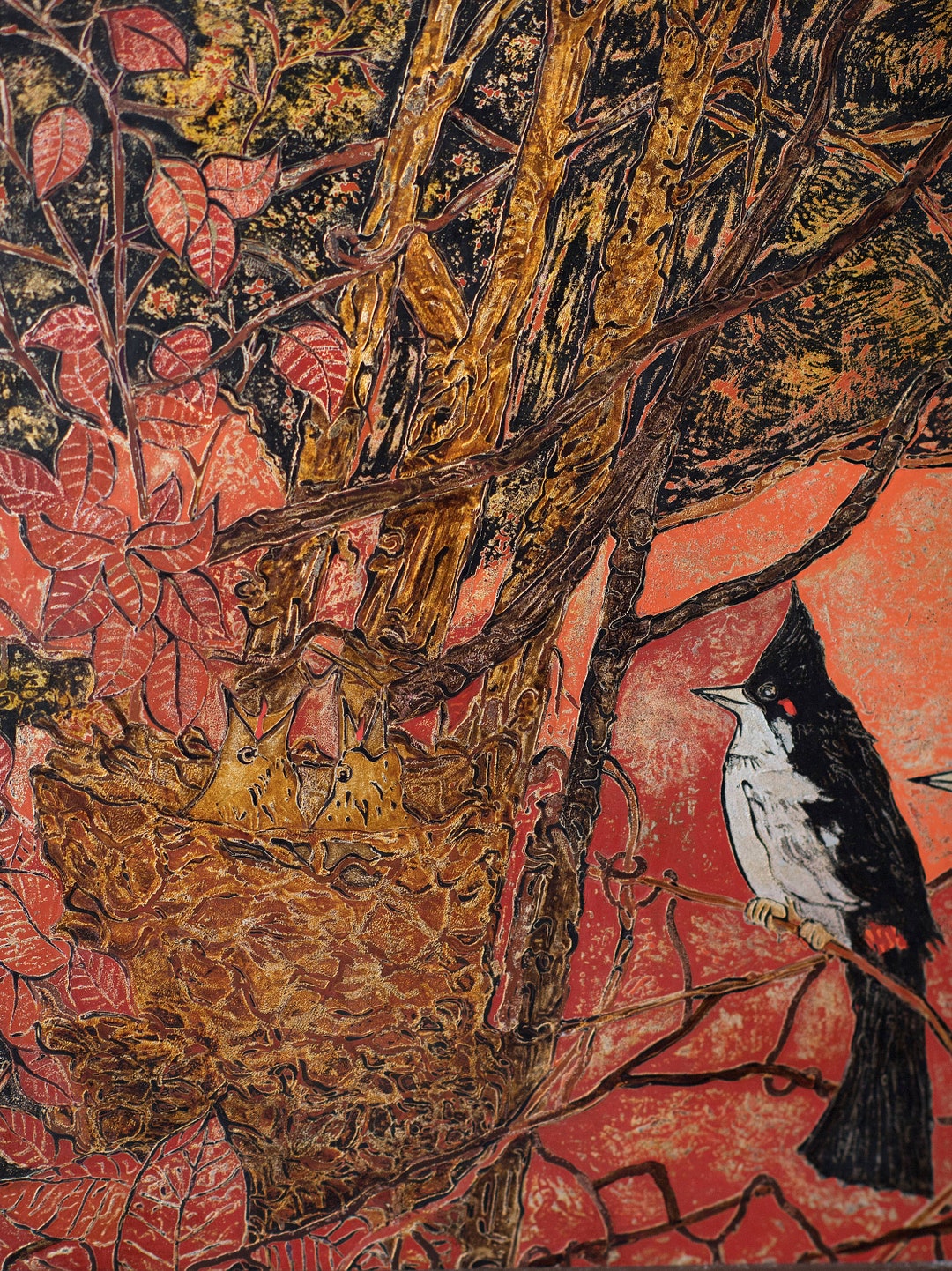 Bulbul Art Deco Original Lacquer Painting on Wood. Fine Art Painting ...
