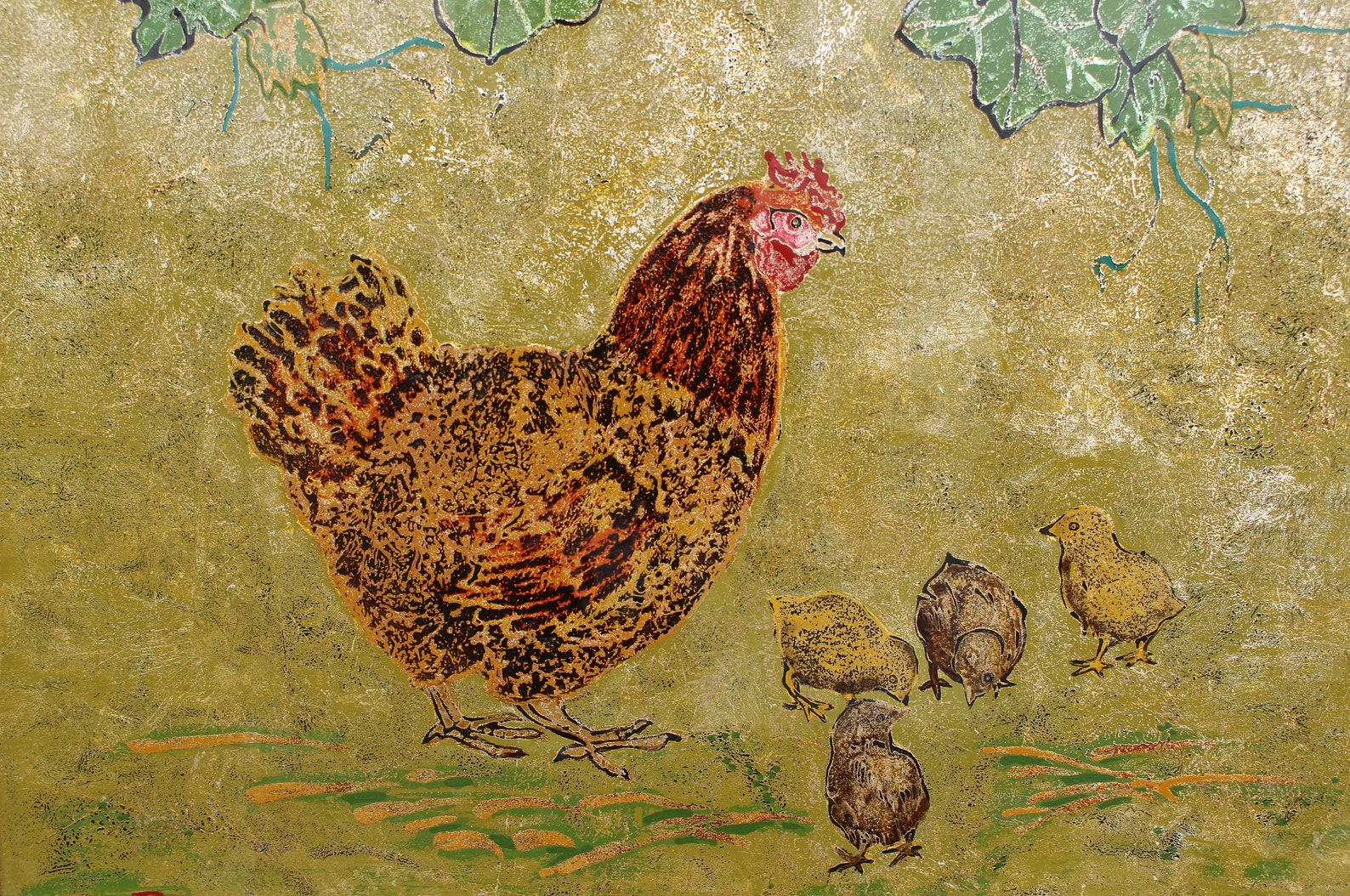 Chicken Art Deco Original Lacquer Painting on Wood. Fine Art Painting ...
