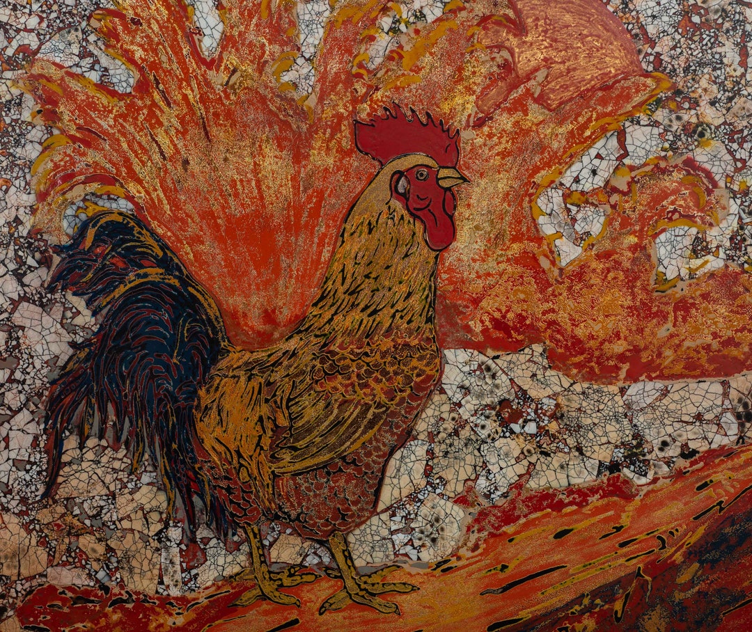Red Rooster Art, Rooster Painting, Lacquer Rooster Artwork, Original ...