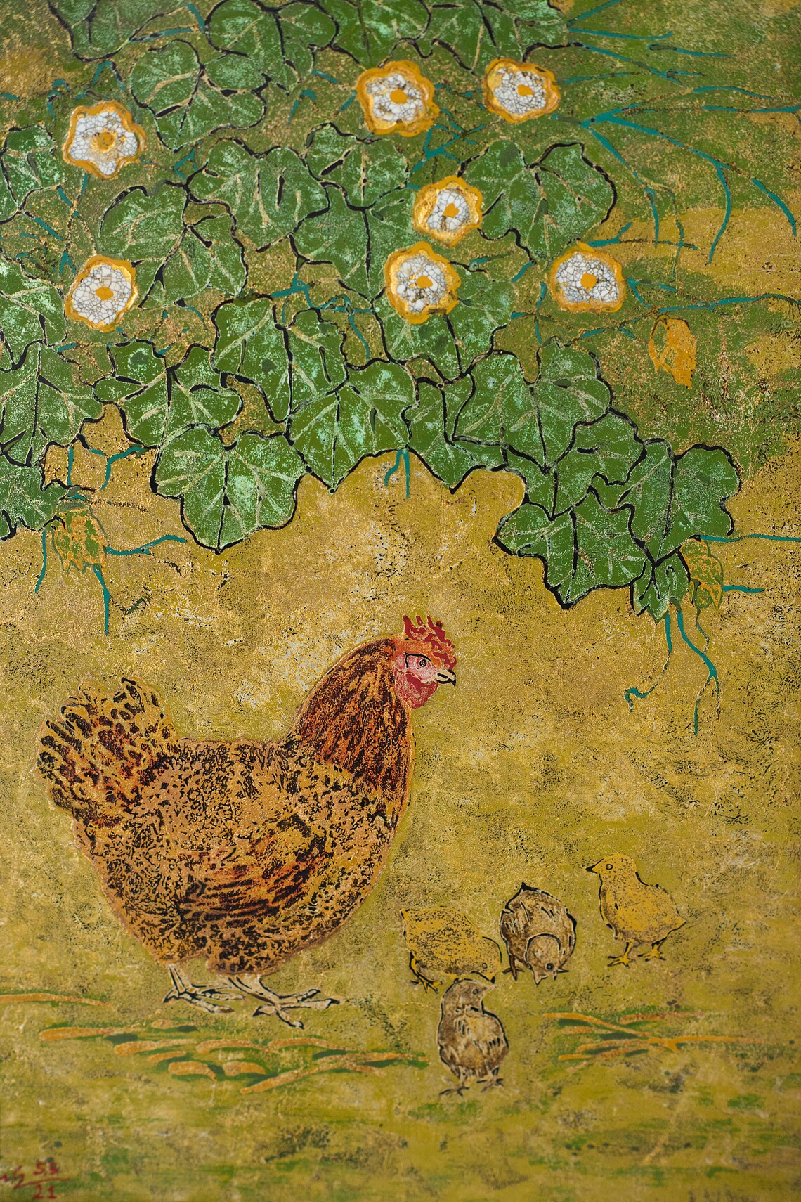 Chicken Art Deco Original Lacquer Painting on Wood. Fine Art Painting ...