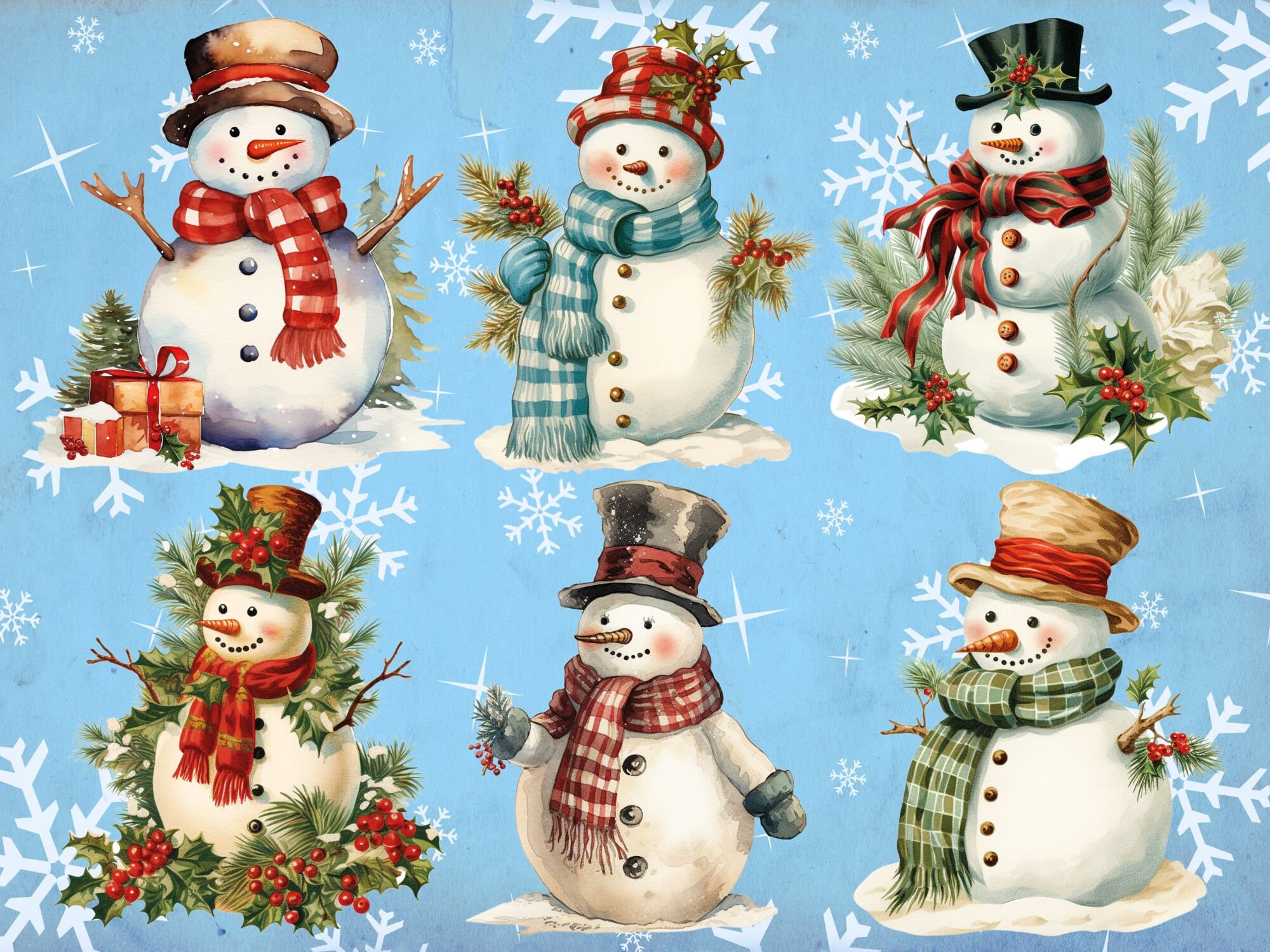 28 Watercolor Christmas Snowman Clipart in PNG Format - Vintage Snowman ...