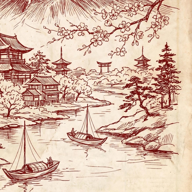 Vintage Japanese Ink Drawing Print, Coastal Landscape Poster (digital ...