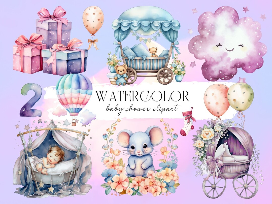 Watercolor Pastel Baby Shower Clipart, Nursery Clipart in PNG - Instant ...