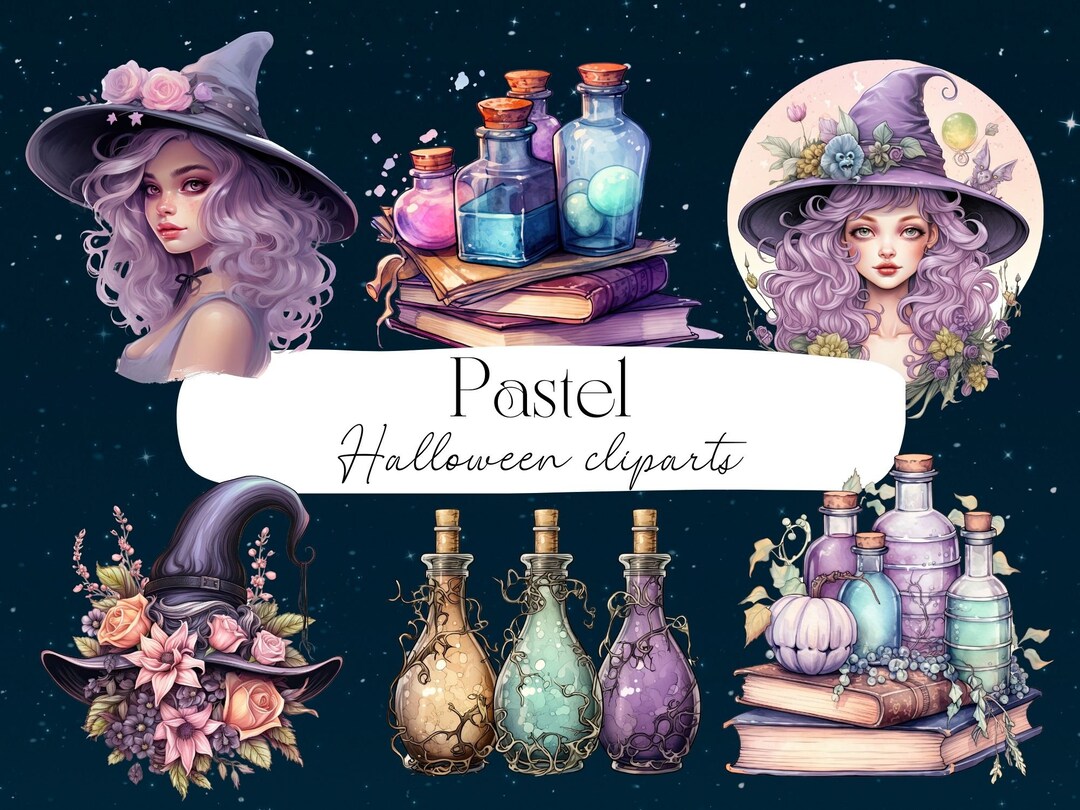 Pastel Halloween Clipart – Witch, Candles, Potions (PNG, Digital ...
