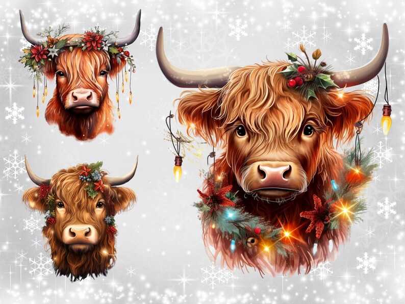 15 Christmas Highland Cow Clipart, Christmas Cow Png - Instant Download ...